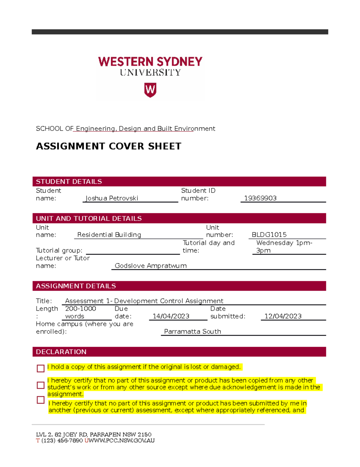 Assessment 1 residential - SCHOOL OF Engineering, Design and Built ...