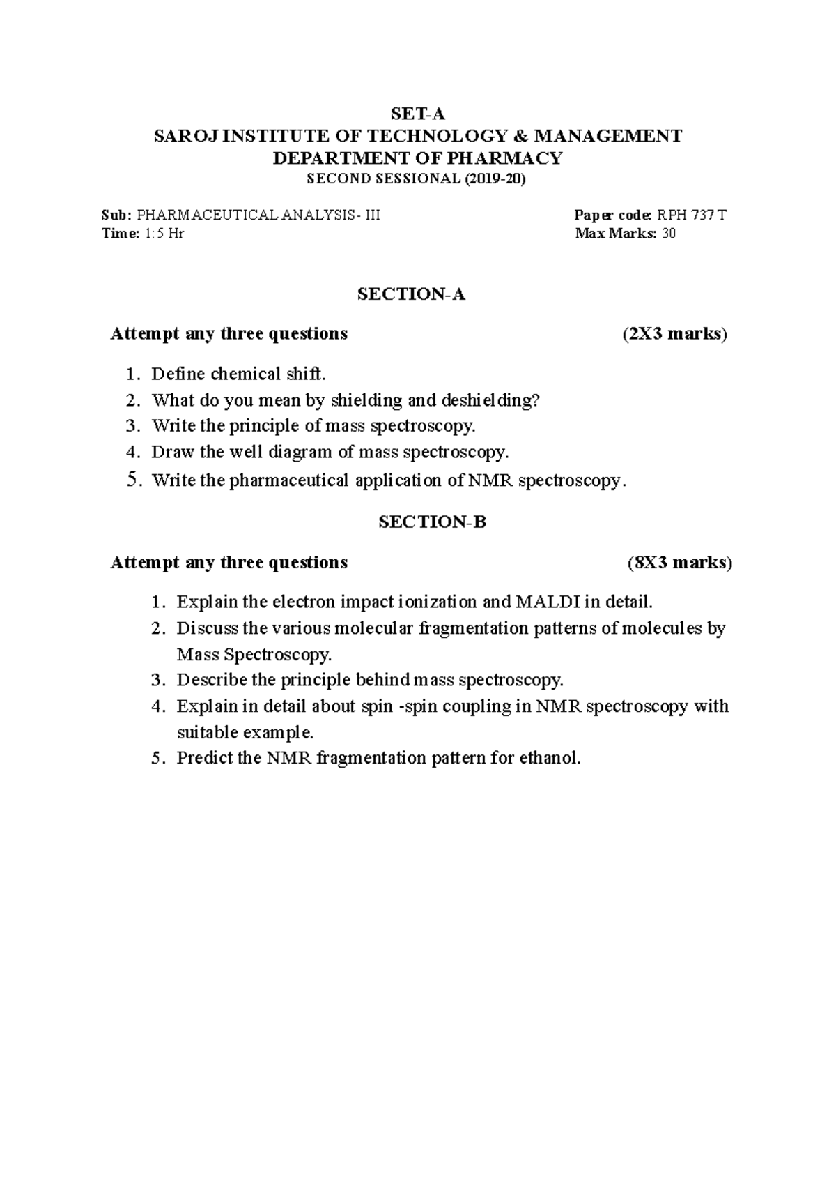 Analysis 4th yr sample paper - SET-A SAROJ INSTITUTE OF TECHNOLOGY ...