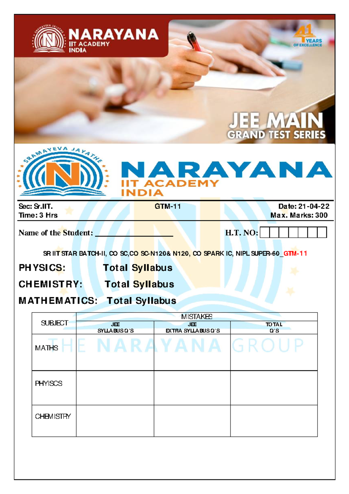 Narayana SR IIT STAR Batch II - Sec: Sr. GTM-11 Date: 21-04- Time: 3 ...