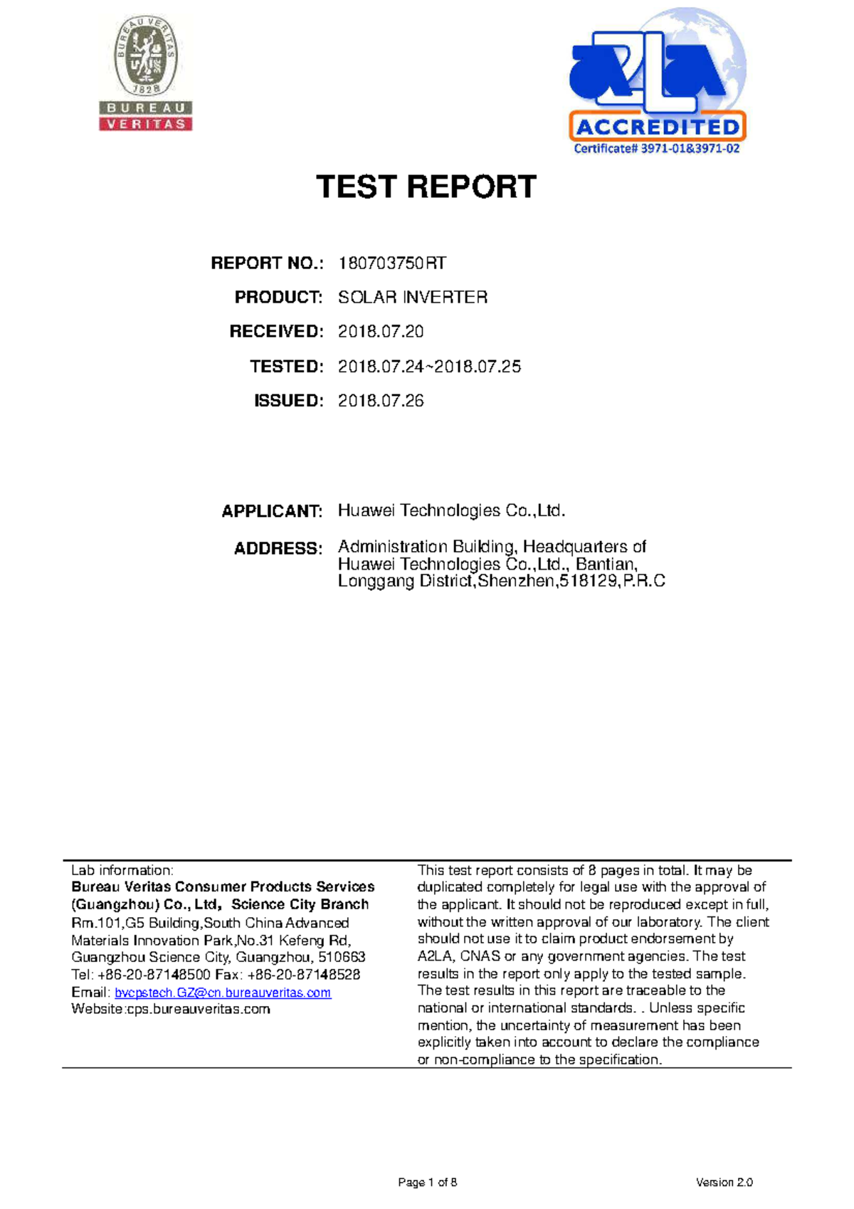 SUN2000-90-100H2 95INH1 105H1 IP65 Test Report Rel BV - TEST REPORT ...