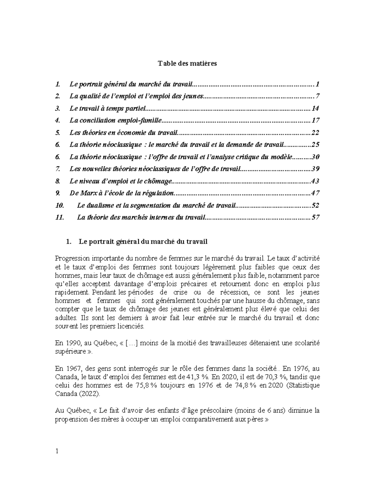 Notes de cours - Table des matières Le portrait général du marché du ...