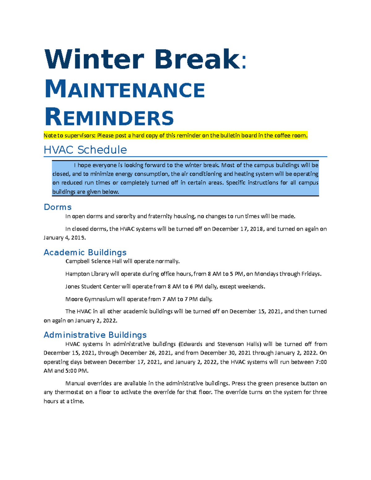 Assessment Maintenance - Winter Break: MAINTENANCE REMINDERS Note to ...