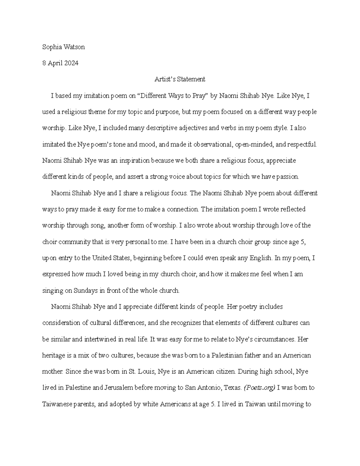 English Naomi Research - Sophia Watson 8 April 2024 Artist’s Statement ...