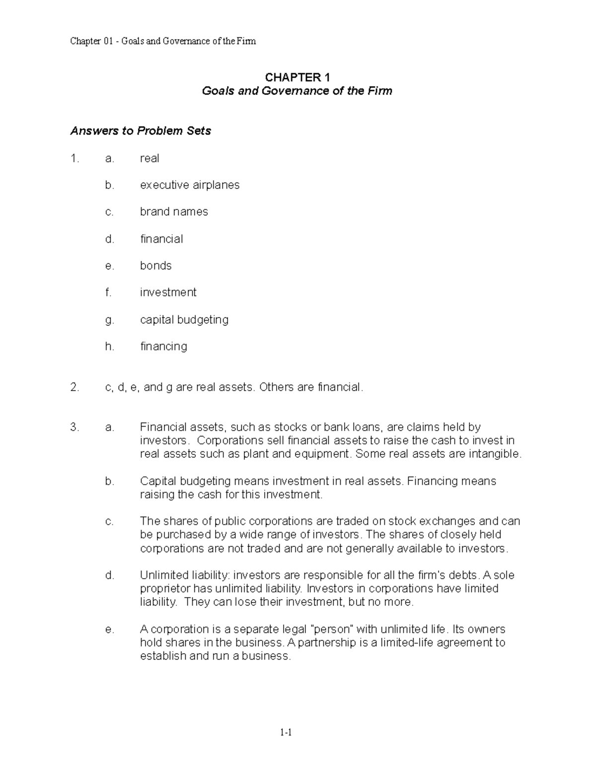 Ch1 answers - chapter 1 solutions - Chapter 01 - Goals and Governance of the Firm CHAPTER 1 ...