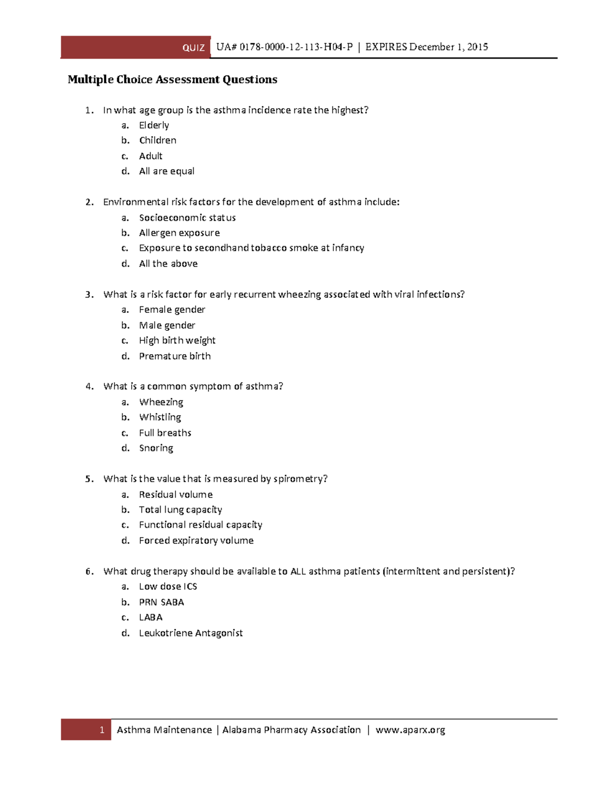 Asthma QUIZ - QUIZ UA# 0178-0000-12-113-H04-P | EXPIRES December 1 ...