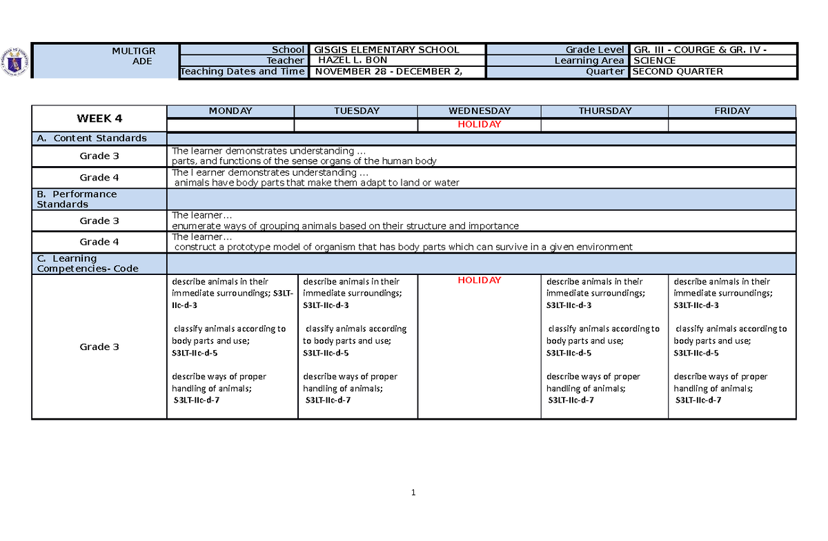 Daily Lesson LOG Science Q2 WEEK 4 - MULTIGR ADE School GISGIS ...