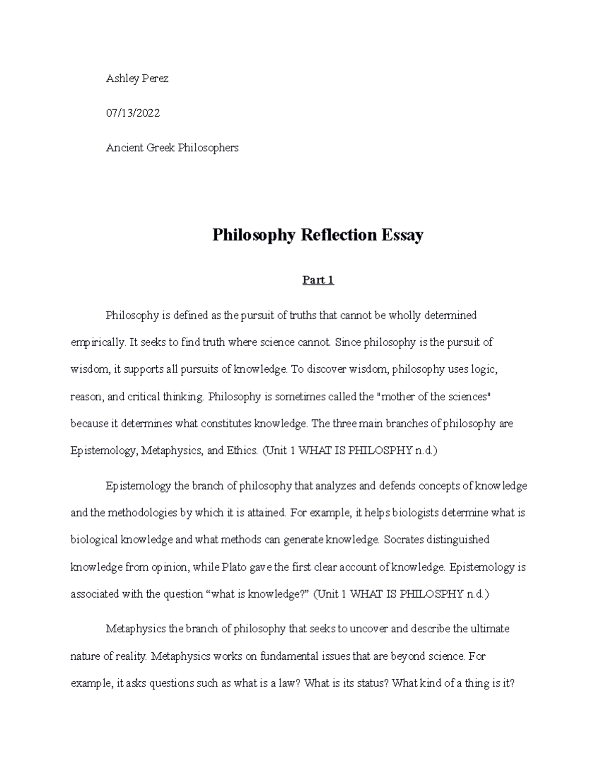 Philosophyreflectionessay - Ashley Perez 07/13/ Ancient Greek ...