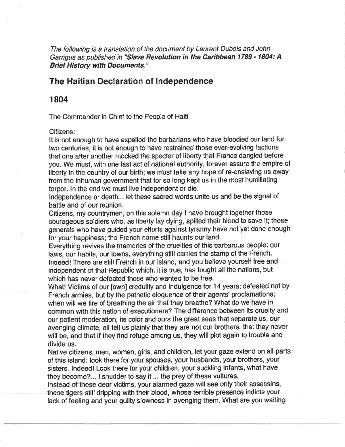 Haitian Declarationof Independence - The following is a translation of ...