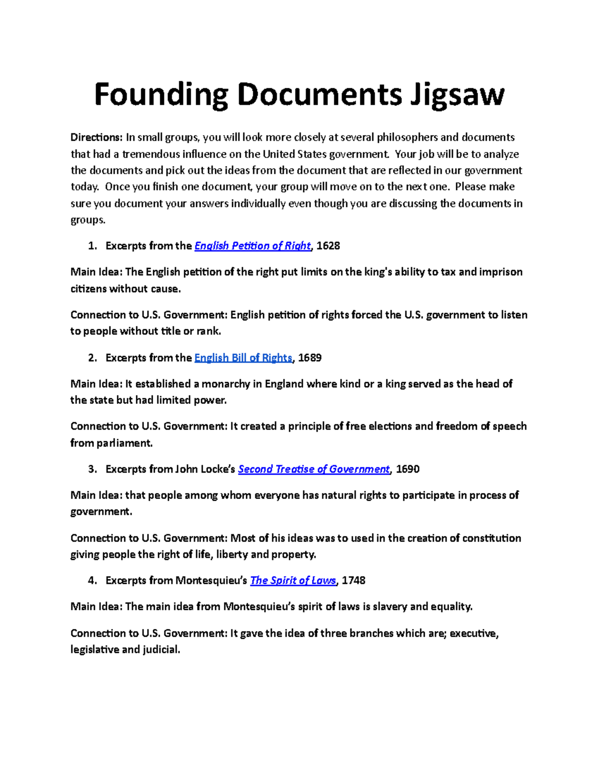 Founding Documents Jigsaw - Founding Documents Jigsaw Directions: In small groups, you will look ...