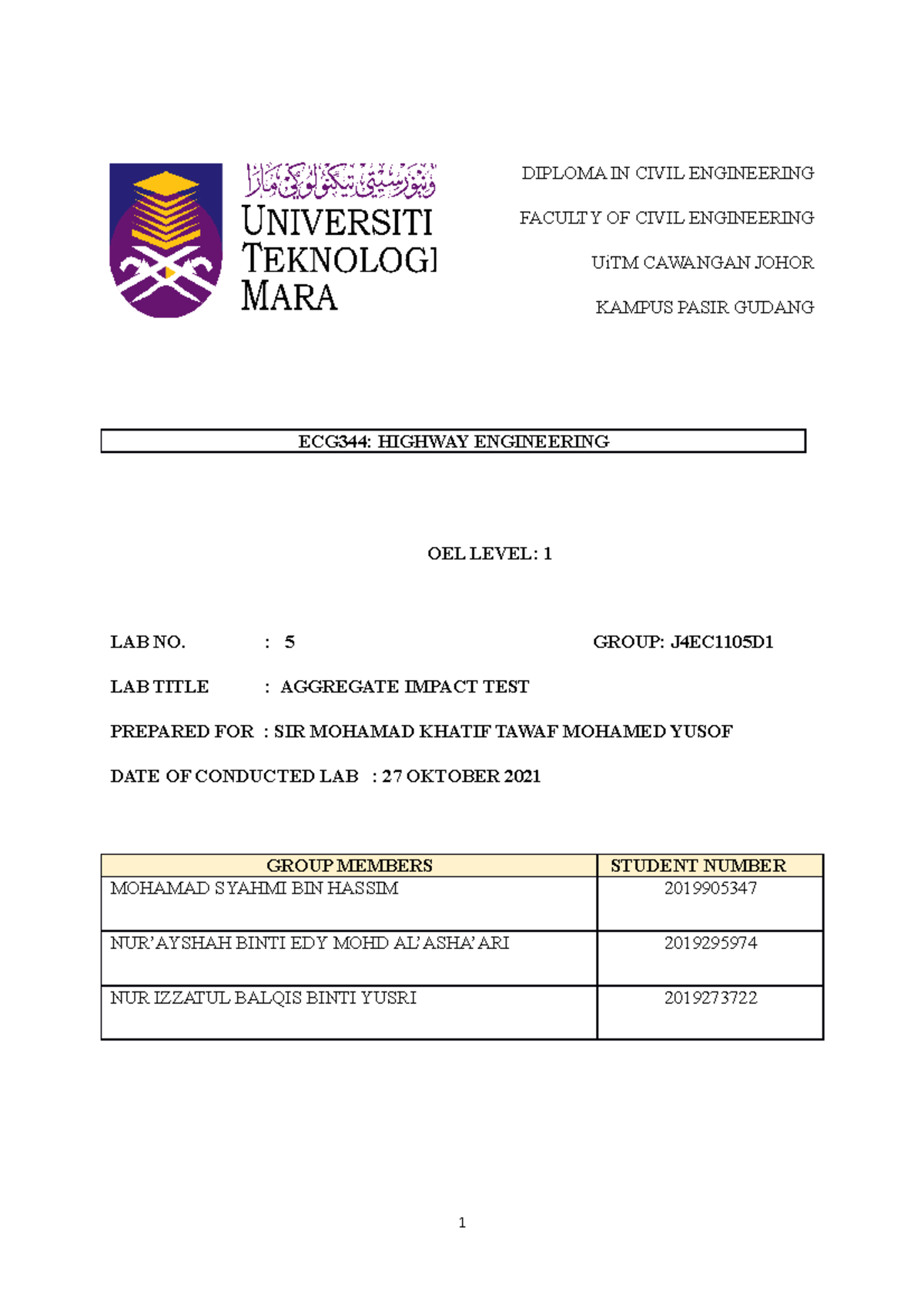 (SIAP) LAB Report 5 Aggregate Impact TEST - DIPLOMA IN CIVIL ...