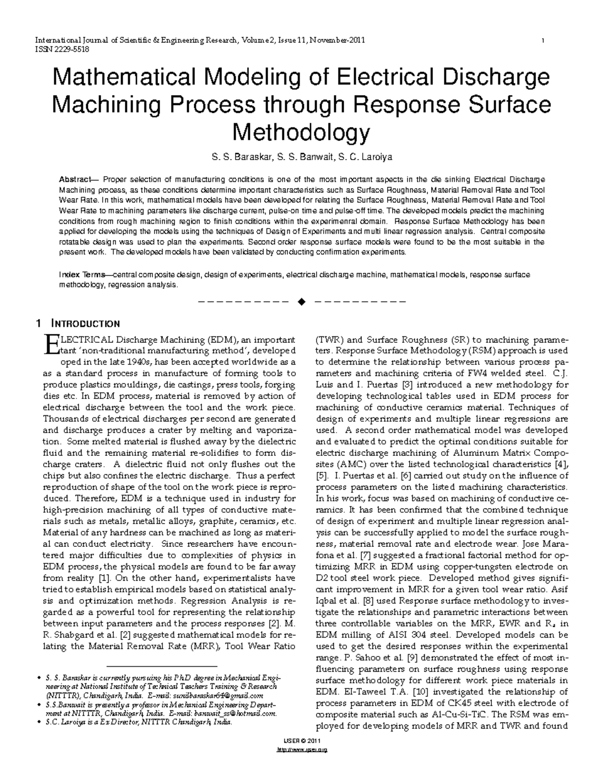 Mathematical Modeling of Electrical Discharge Machining Process through Response Surface ...