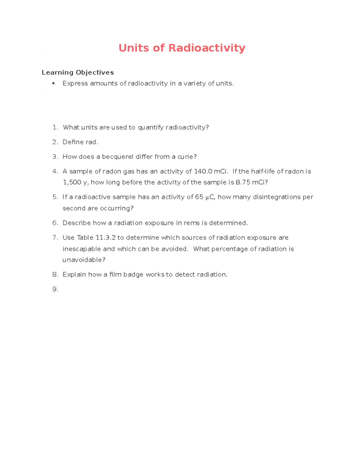 Section 11.3 Worksheet - Units of Radioactivity Learning Objectives ...