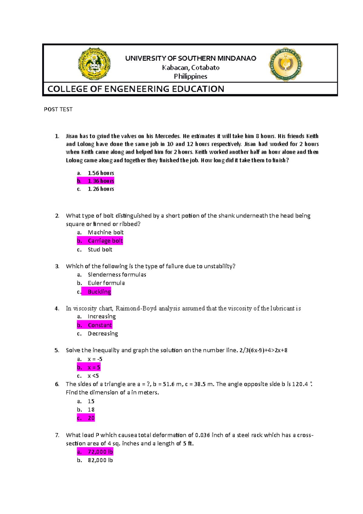 POST TEST - POST TEST - UNIVERSITY OF SOUTHERN MINDANAO Kabacan ...