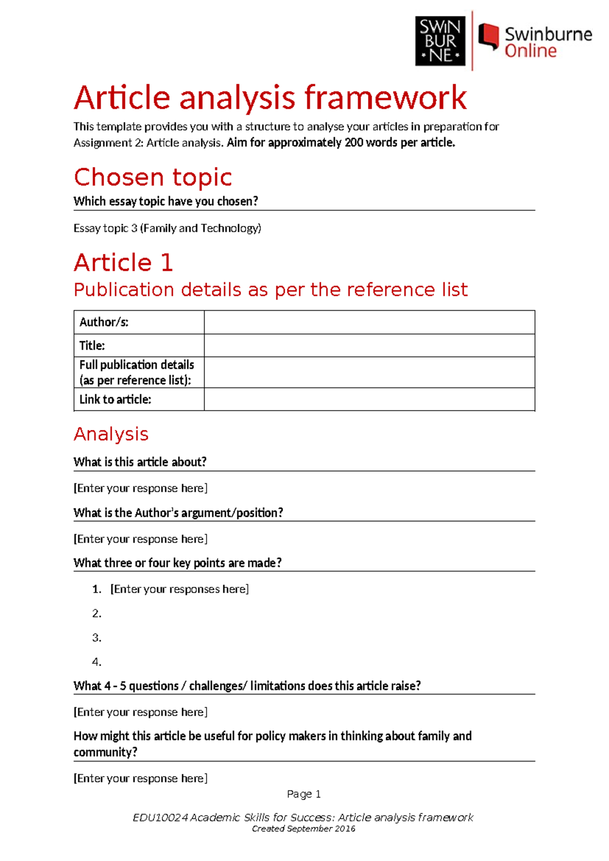 EDU10024 article analysis framework v3 - Article analysis framework ...