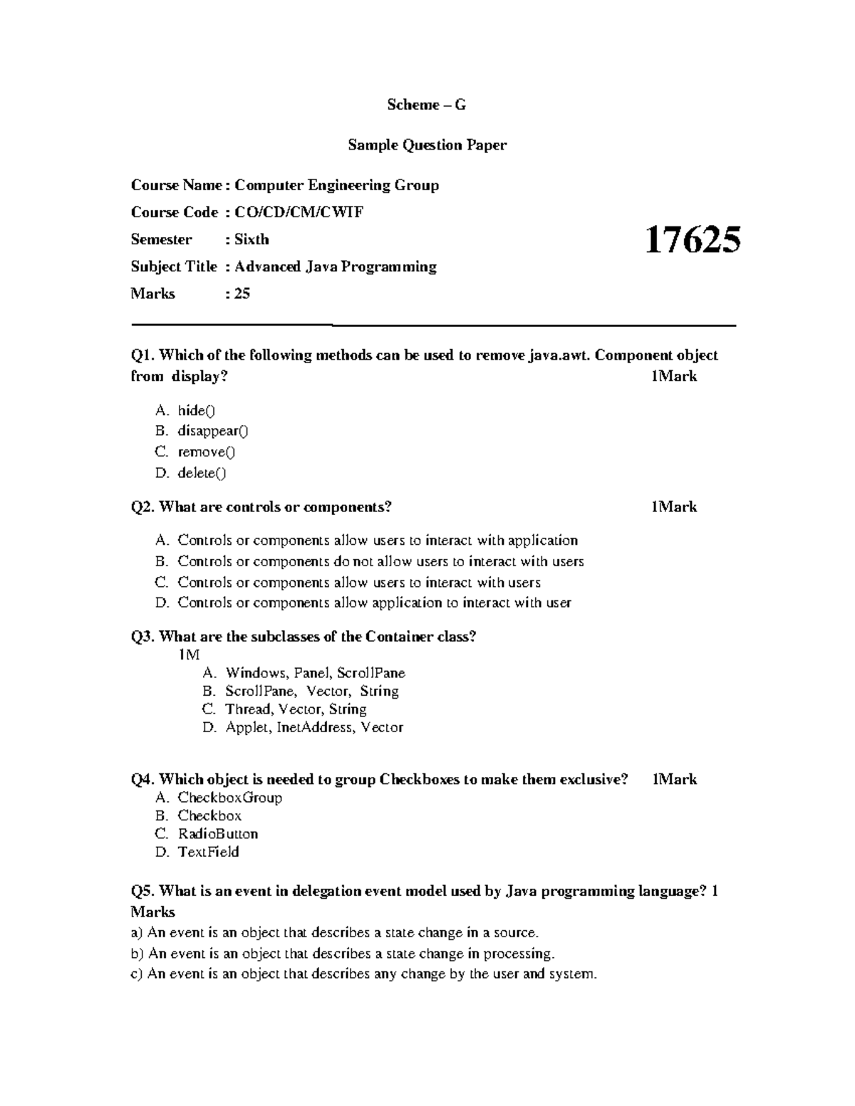 17625 Advanced Java Programming Scheme G Sample Question Paper Course Name Computer 