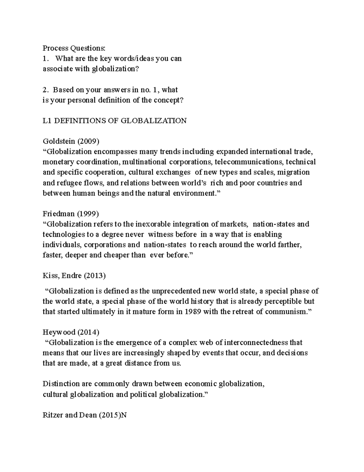 Globalization - Process Questions: What are the key words/ideas you can ...