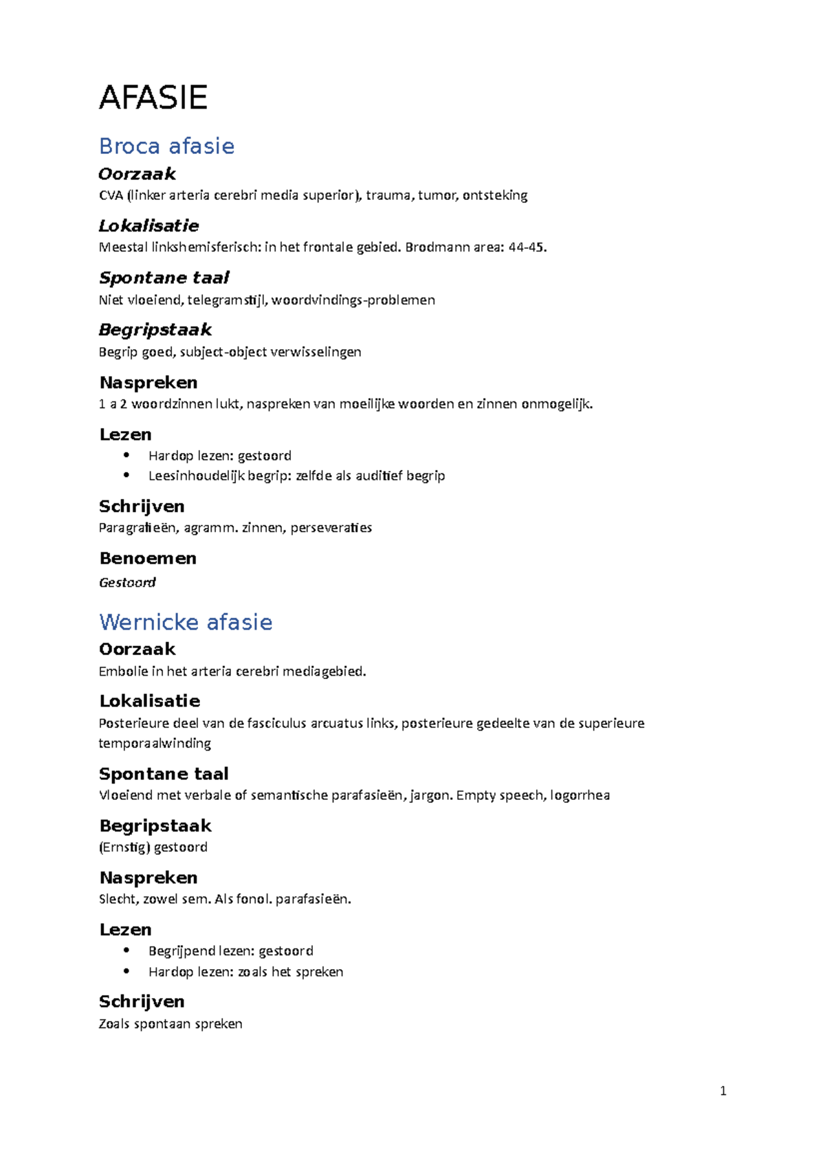 Afasie en dysartrie - AFASIE Broca afasie Oorzaak CVA (linker arteria ...