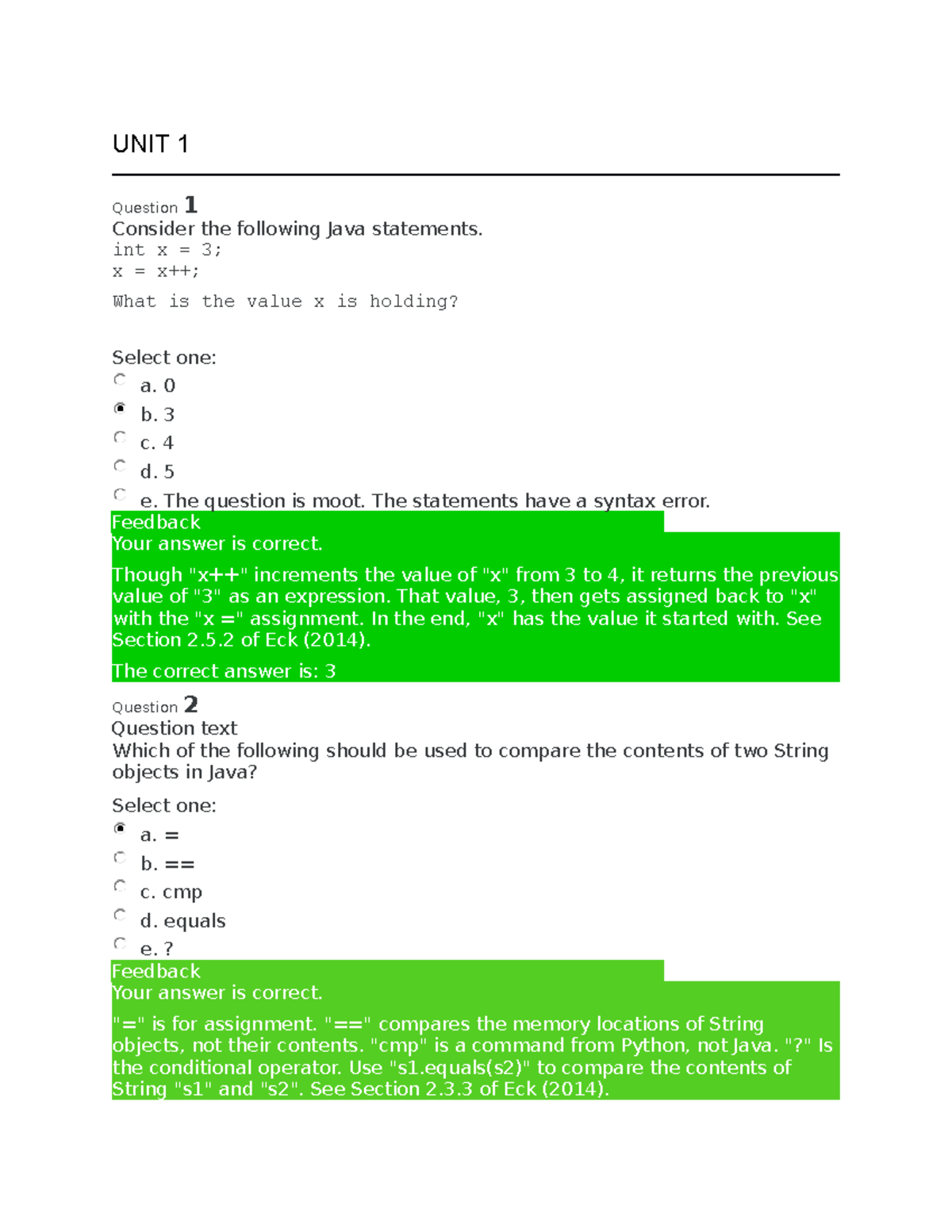 SELF Quizzes - Self Quiz - UNIT 1 Question 1 Consider the following Java statements. int x = 3 ...