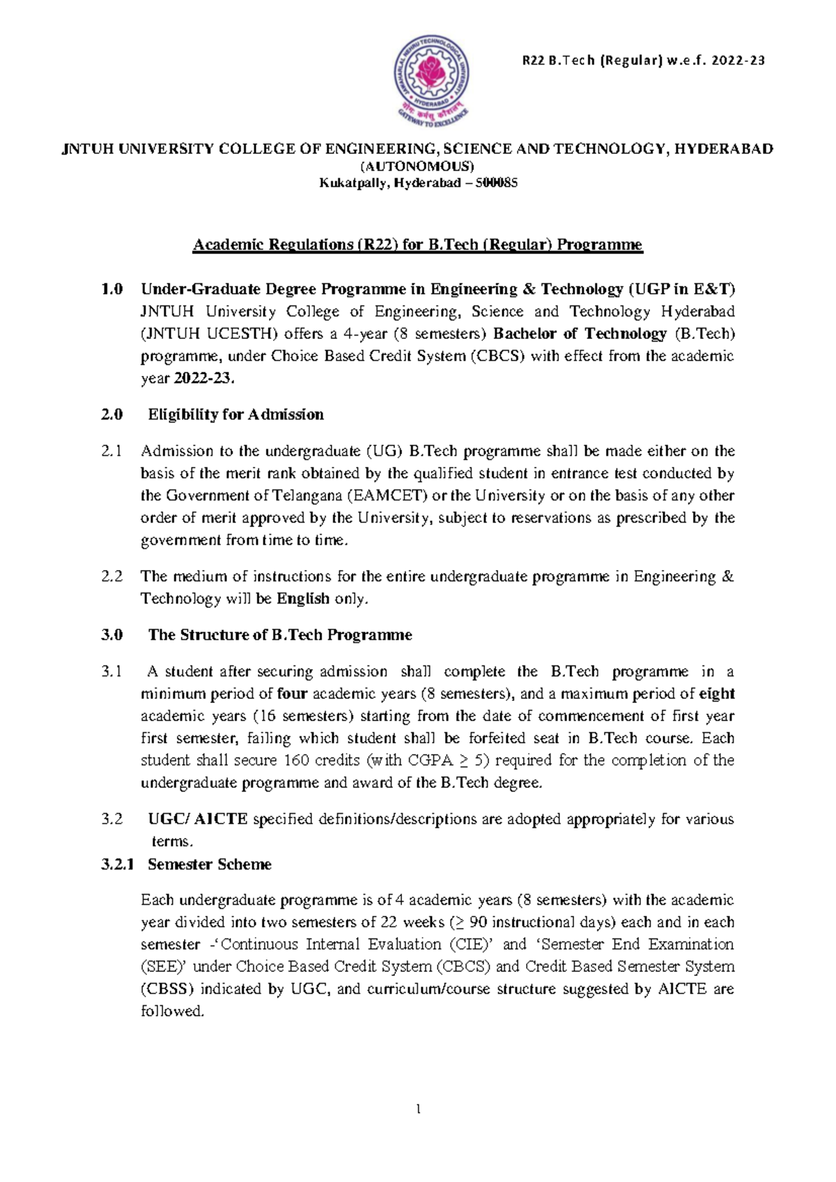 R22 Academic Regulations B - JNTUH UNIVERSITY COLLEGE OF ENGINEERING ...
