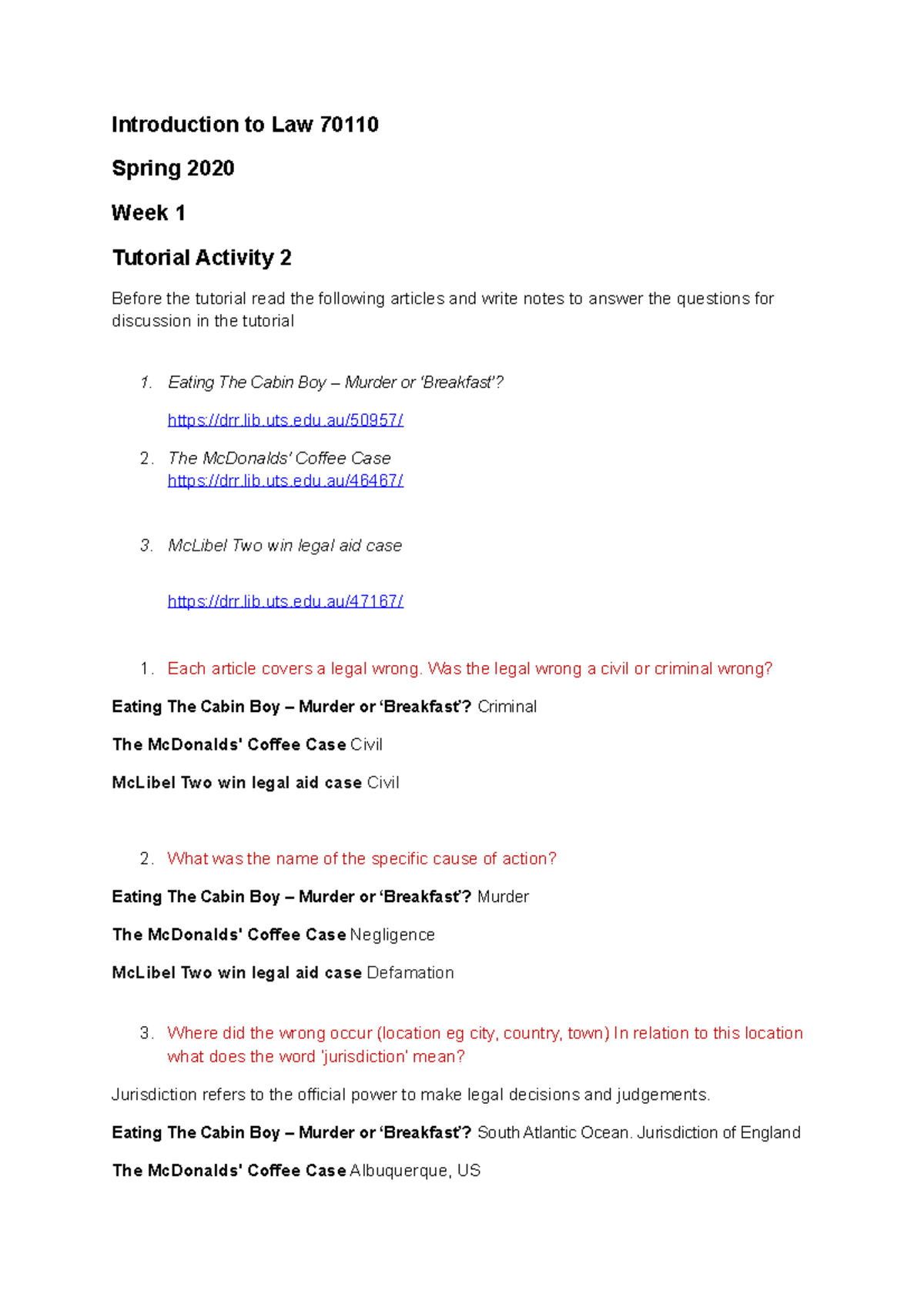 Tutorial 1, Activity 2 - Introduction to Law 70110 Spring 2020 Week 1 ...