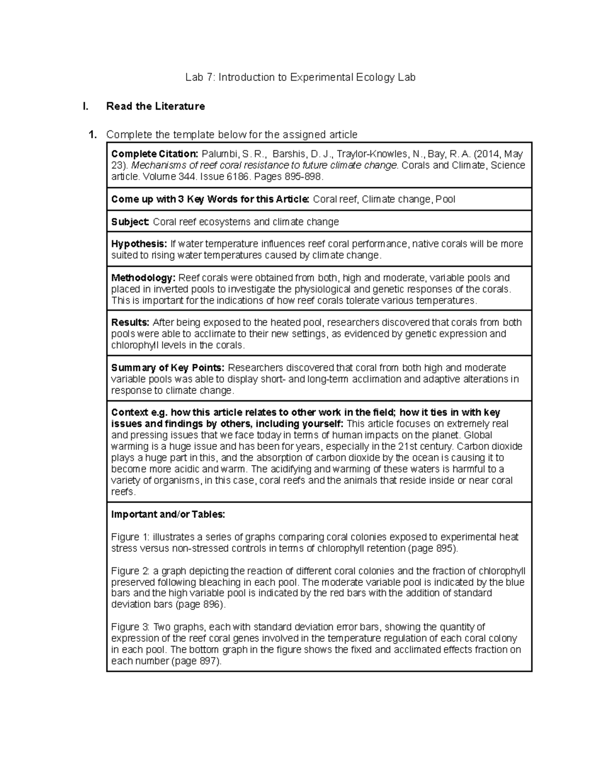 Lab 7 Introduction to Experimental Ecology Lab - Read the Literature 1. Complete the template ...