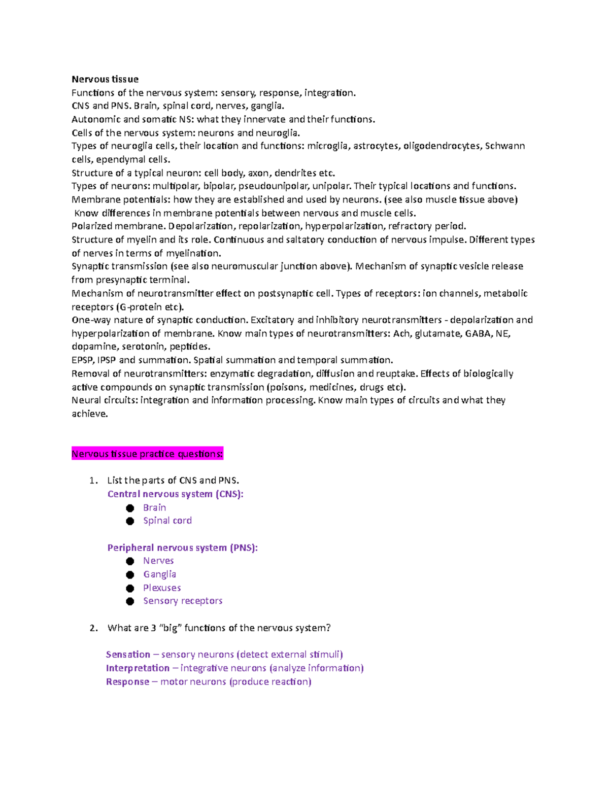 Study guide nervous tissue - Nervous tissue Functions of the nervous ...