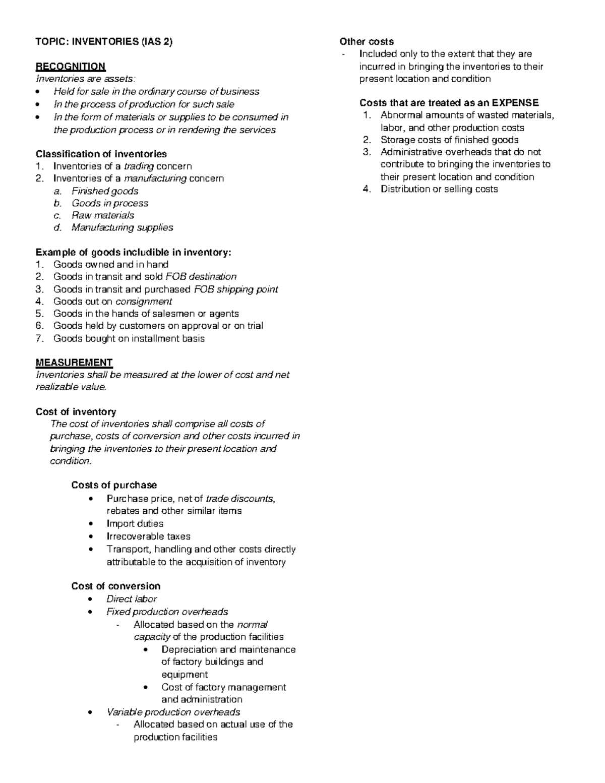 IAS 2 - IAS 2 Summary - TOPIC: INVENTORIES (IAS 2) RECOGNITION ...