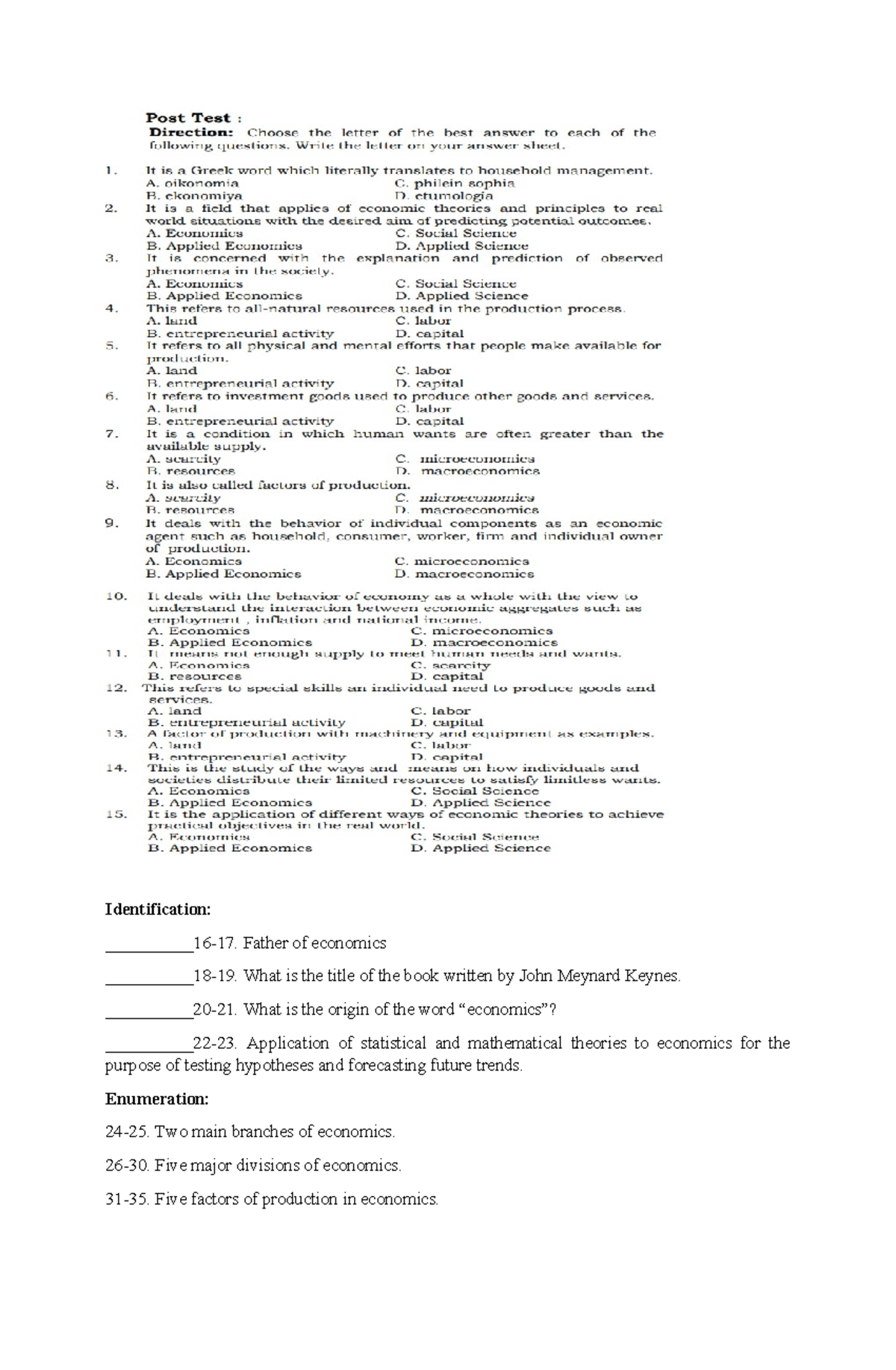 W1 quiz - QUIZ - Introduction to Economics - Identification ...