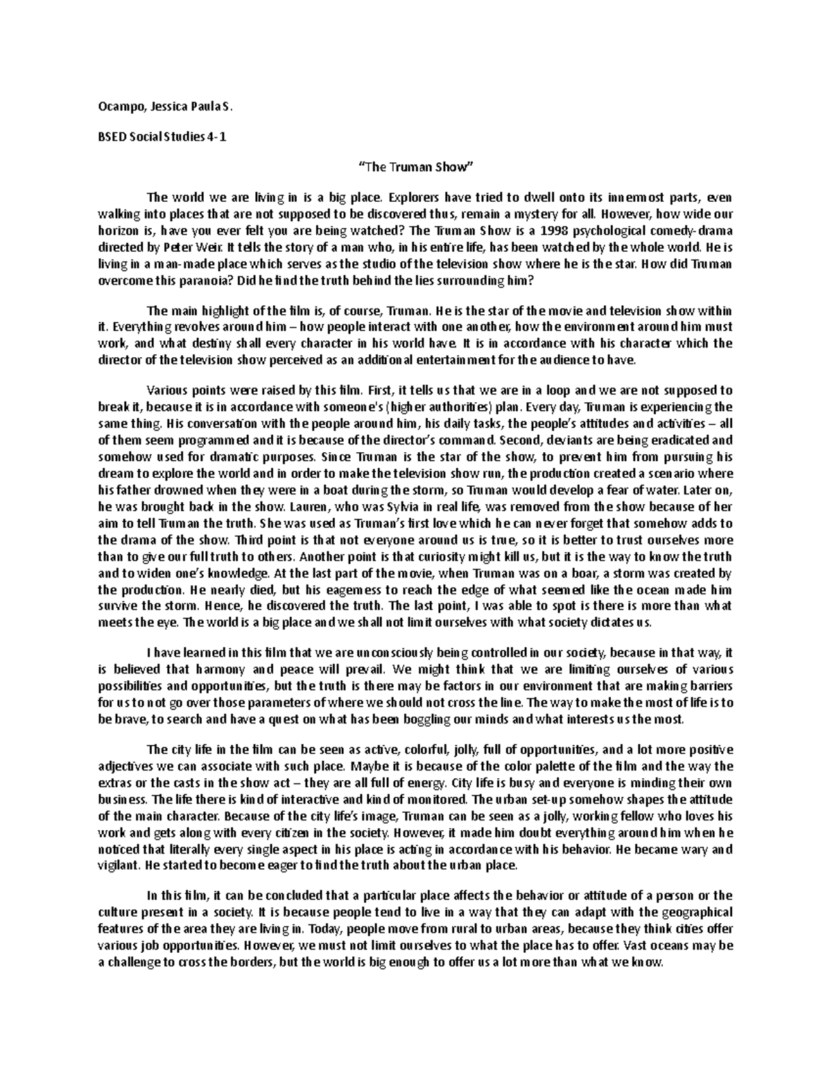 The Truman Show (Reflective Essay) - Ocampo, Jessica Paula S. BSED ...