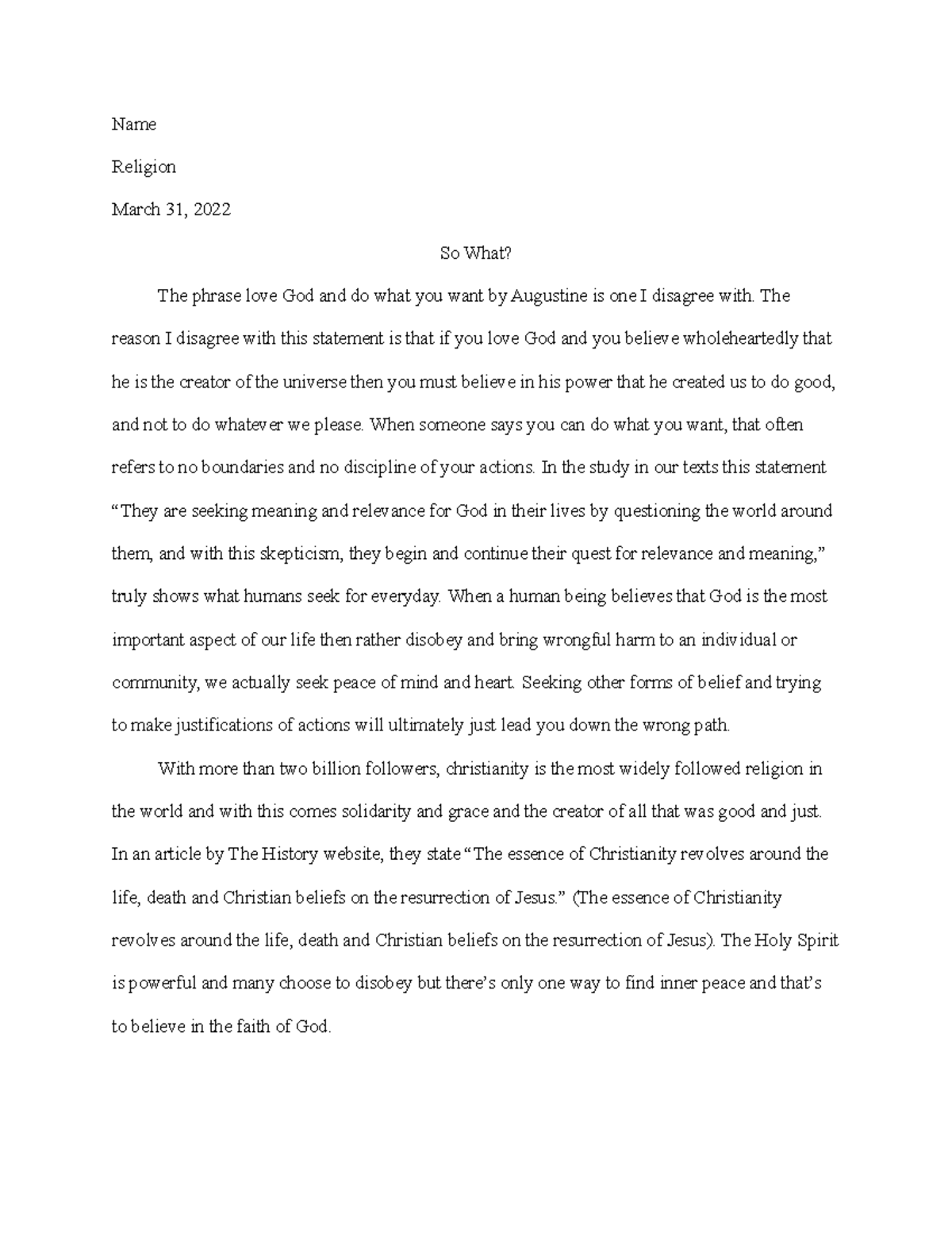 So What - Religion assignment. - Name Religion March 31, 2022 So What ...