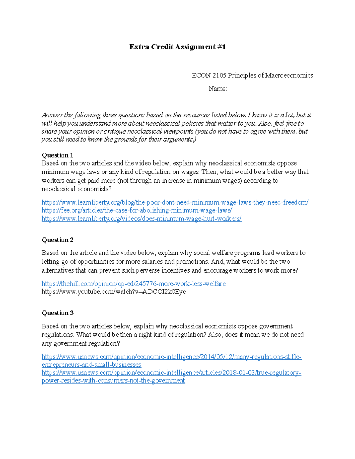 Extra Credit 1 (1) - Extra Credit Assignment ECON 2105 Principles of Macroeconomics Name: Answer ...