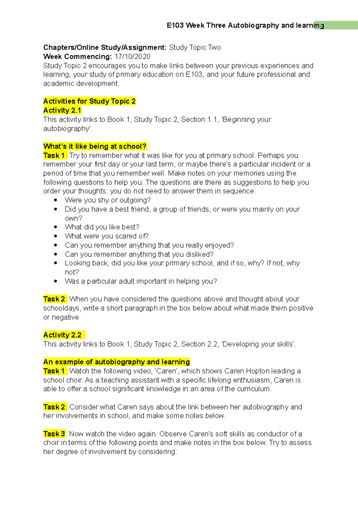 Study Topic 2 - Activities for Study Topic 2 Activity 2. This activity ...