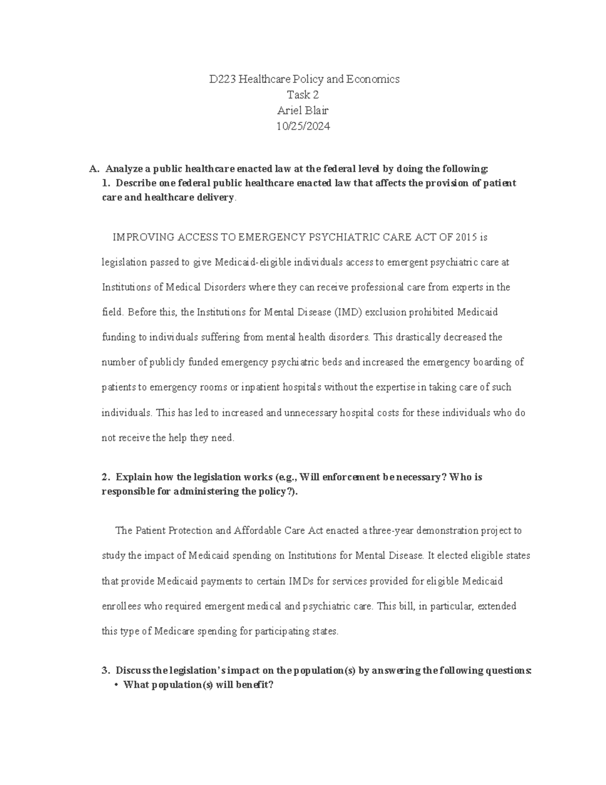 Assignment D223 - D223 Healthcare Policy and Economics Task 2 Ariel ...