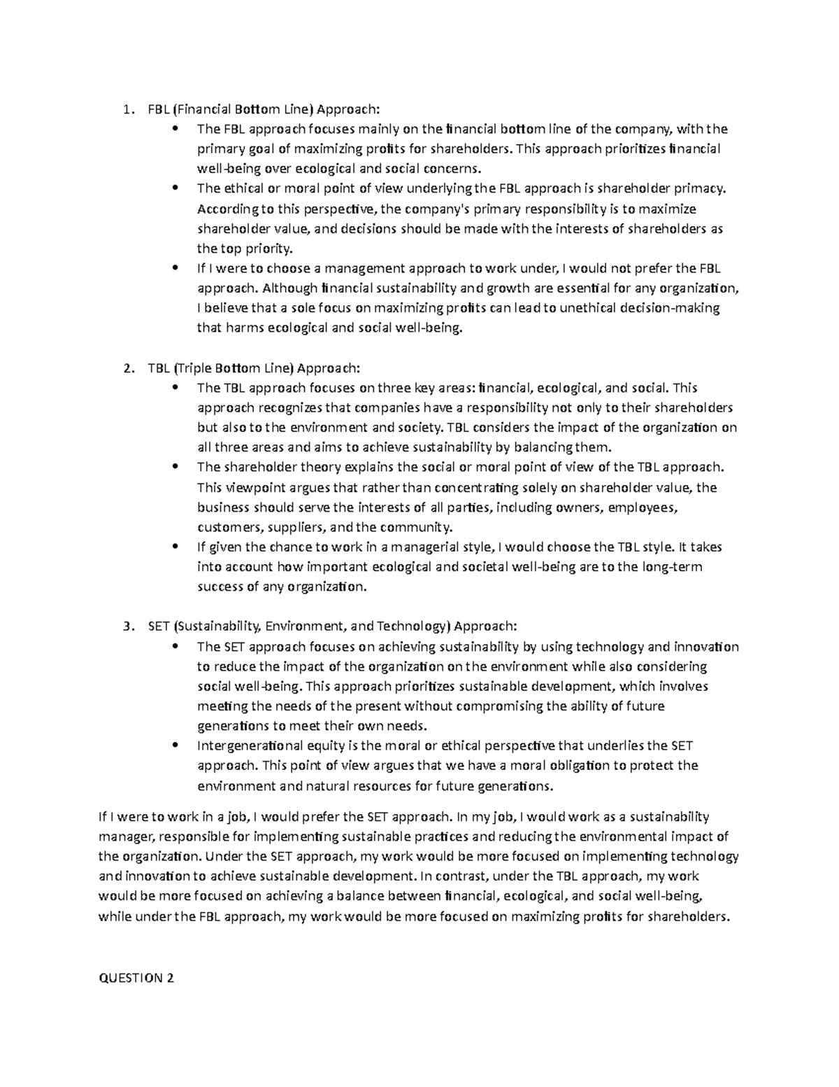 Midterm Sample answers GMGT - FBL (Financial Bottom Line) Approach: The ...