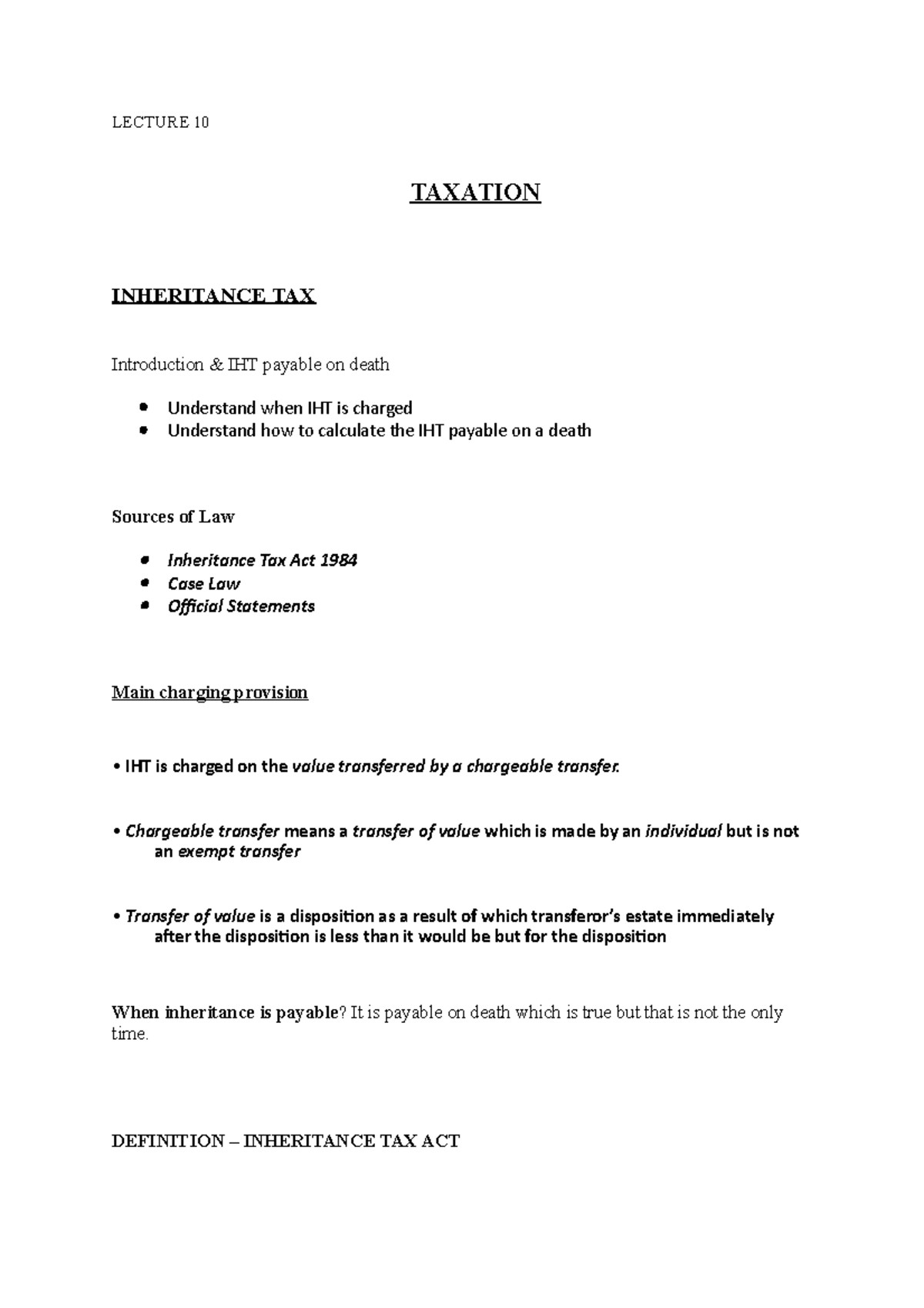 Inheritance Tax lecture 1 - LECTURE 10 TAXATION INHERITANCE TAX ...