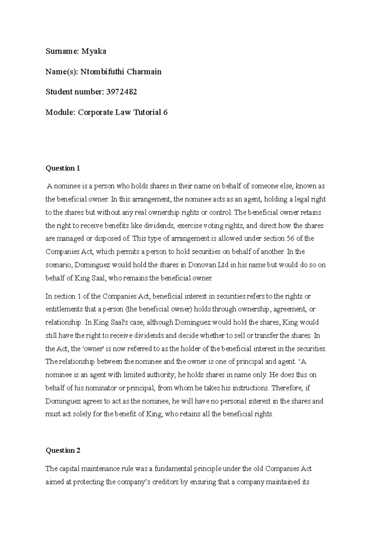 Cor tut 6 - tutorial - Surname: Myaka Name(s): Ntombifuthi Charmain Student number: 3972482 ...