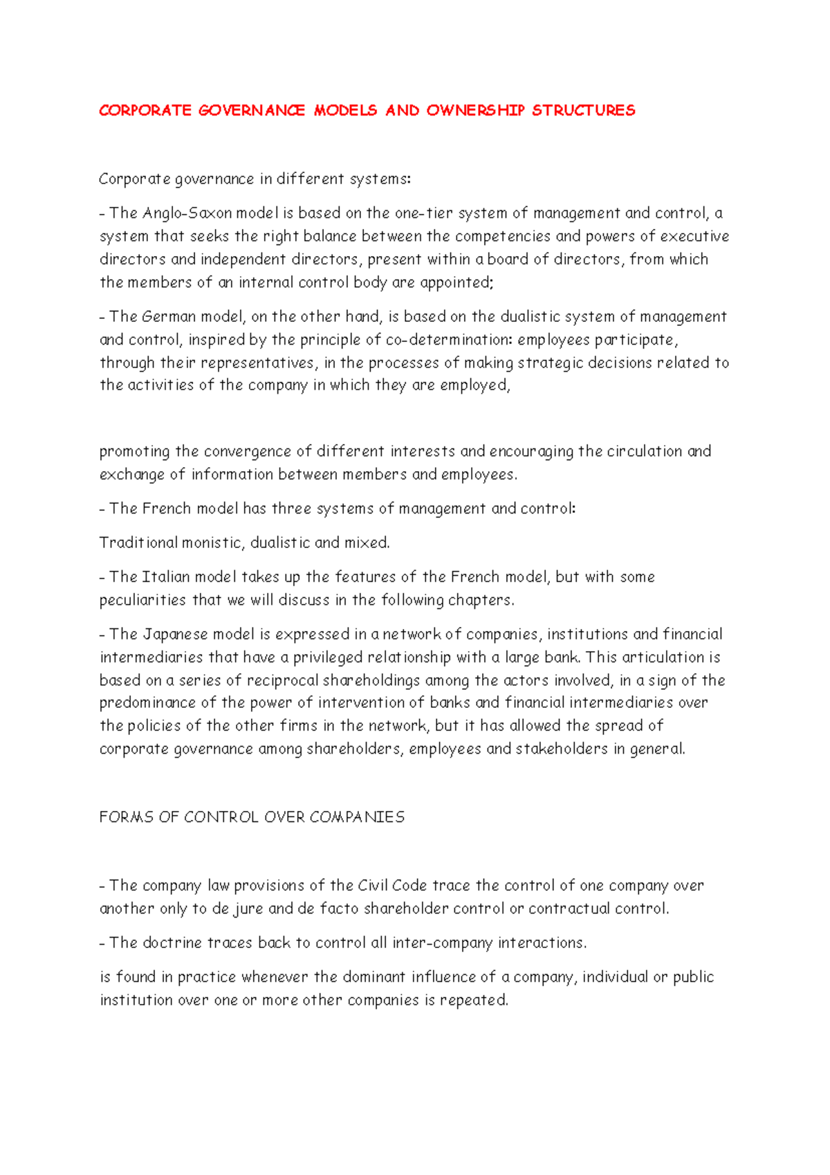 Corporate Governance Models AND Ownership Structures 13 - CORPORATE ...