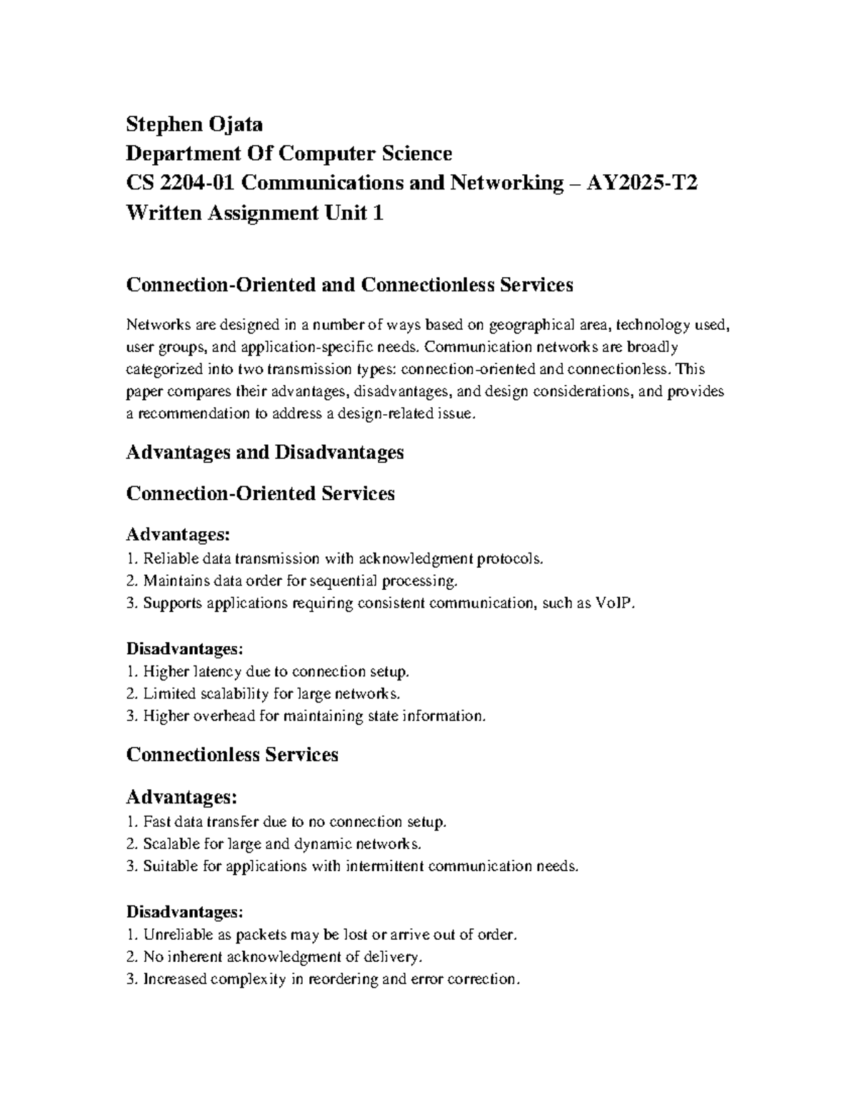 Connection Oriented vs Connectionless ASS1 - Stephen Ojata Department ...