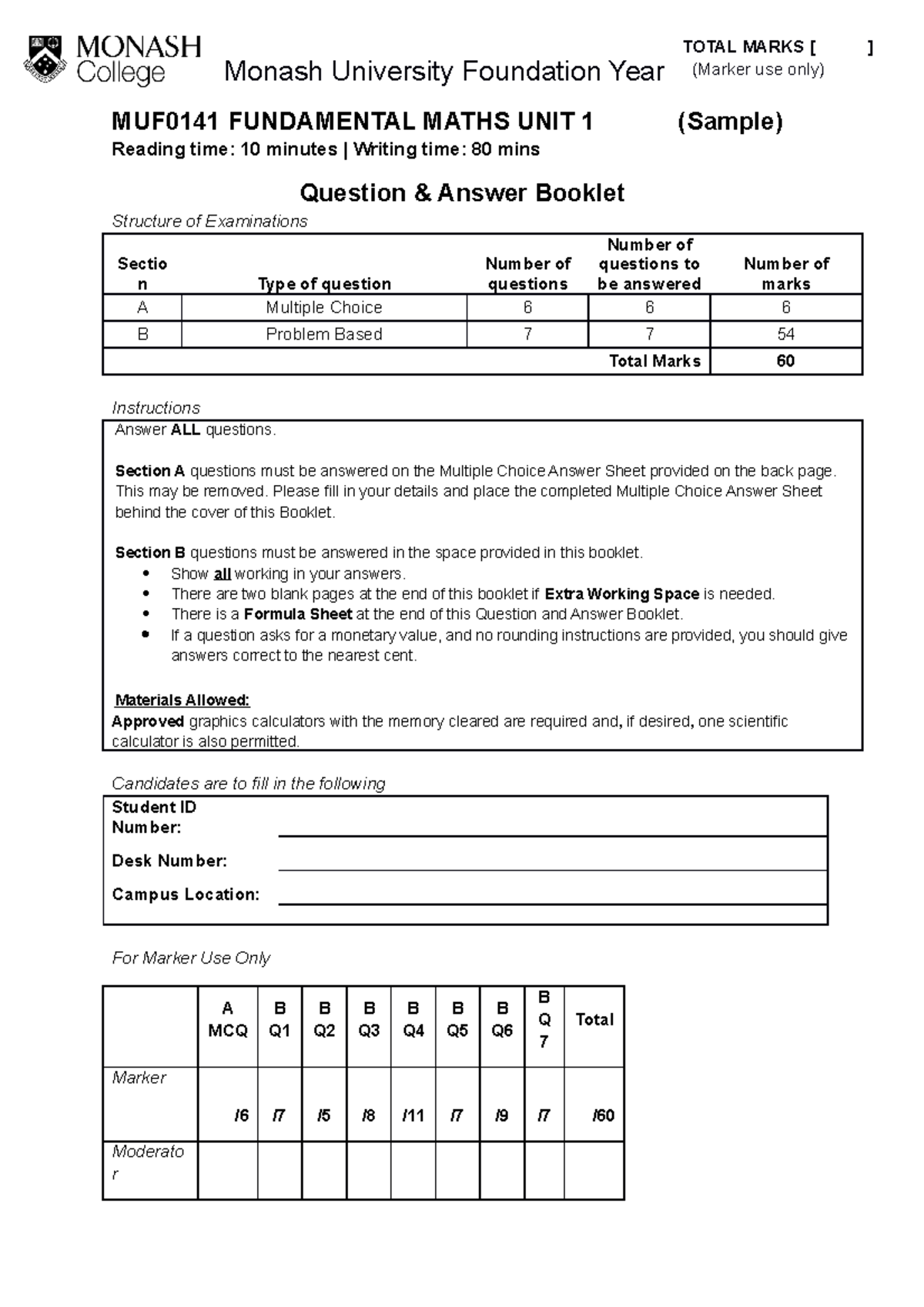 MUF0141 Sample Exam - Please use the content, but do not share without permission. Thank you ...