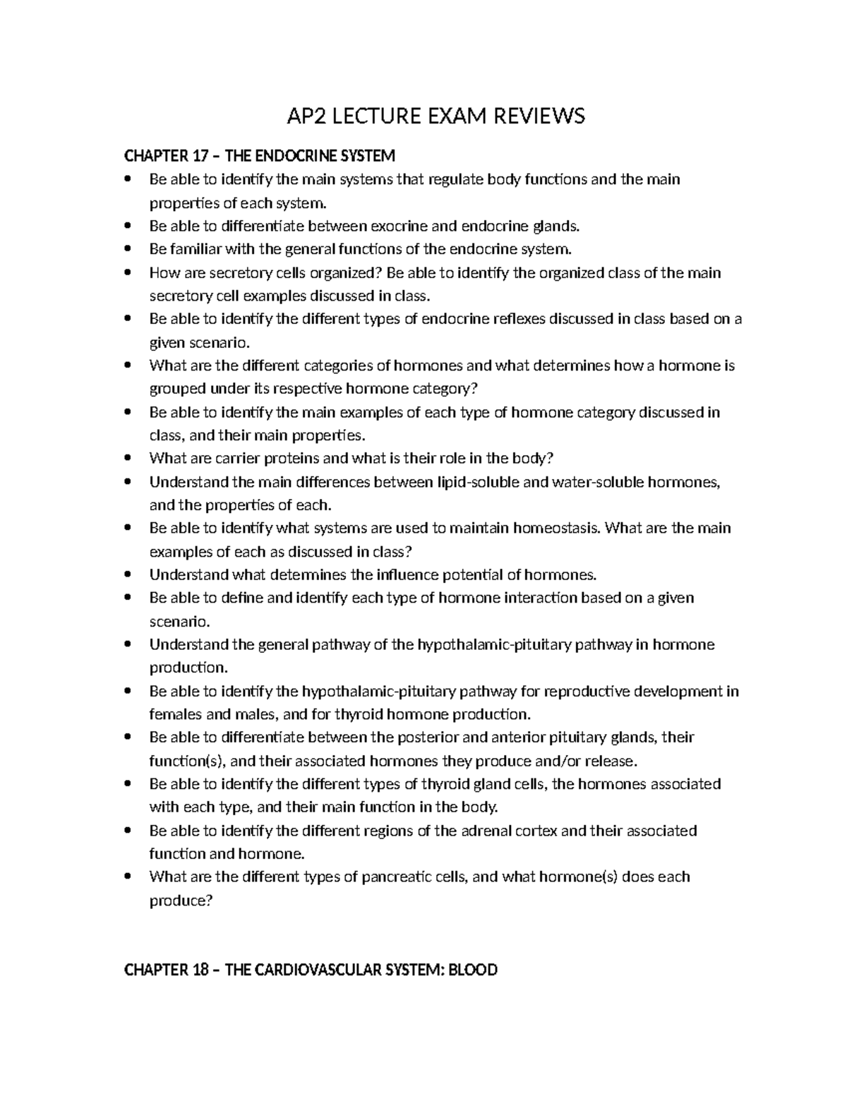 AP2 Exam 1 Review - AP2 LECTURE EXAM REVIEWS CHAPTER 17 – THE ENDOCRINE SYSTEM Be able to ...