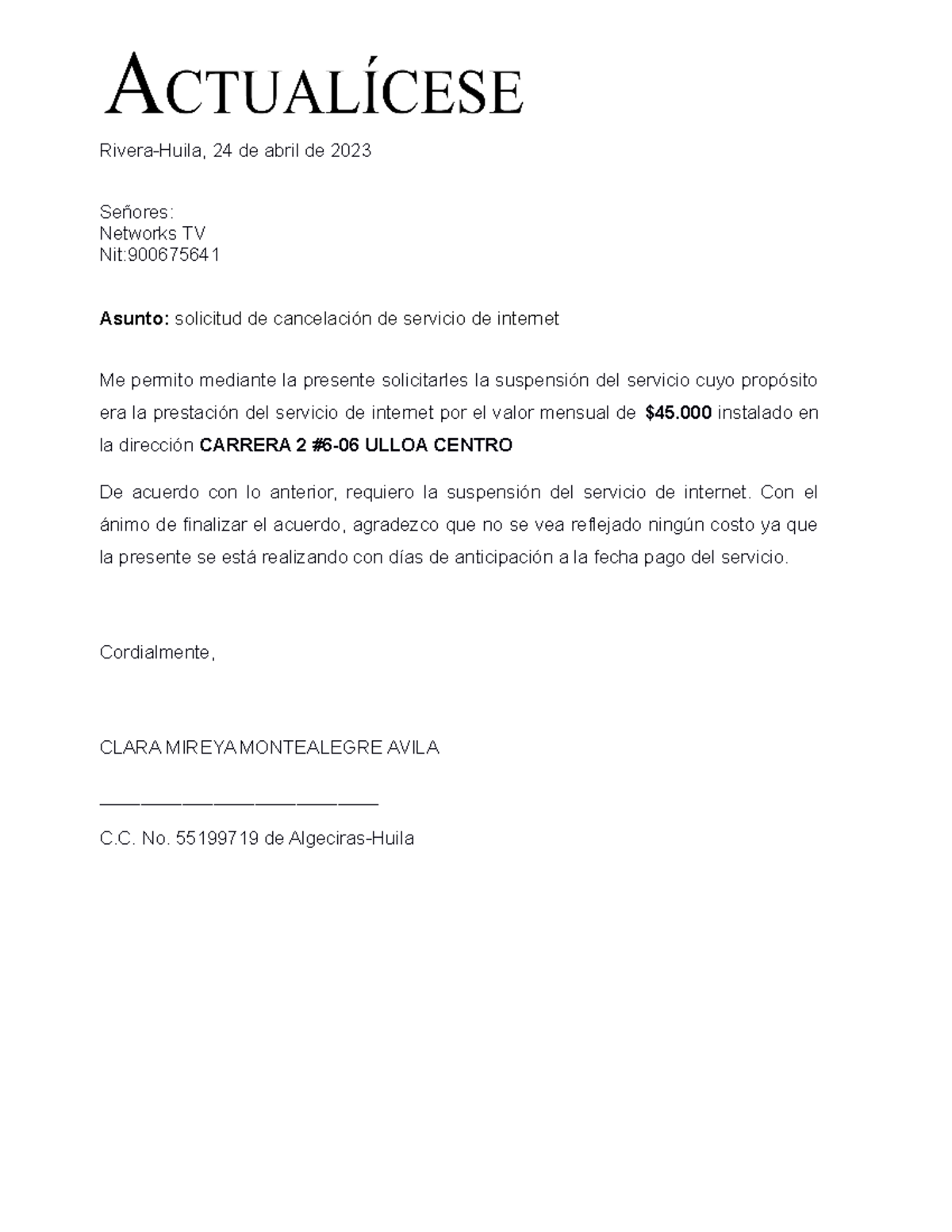 Carta-suspension - asdasdasdasd - Rivera-Huila, 24 de abril de 2023 ...
