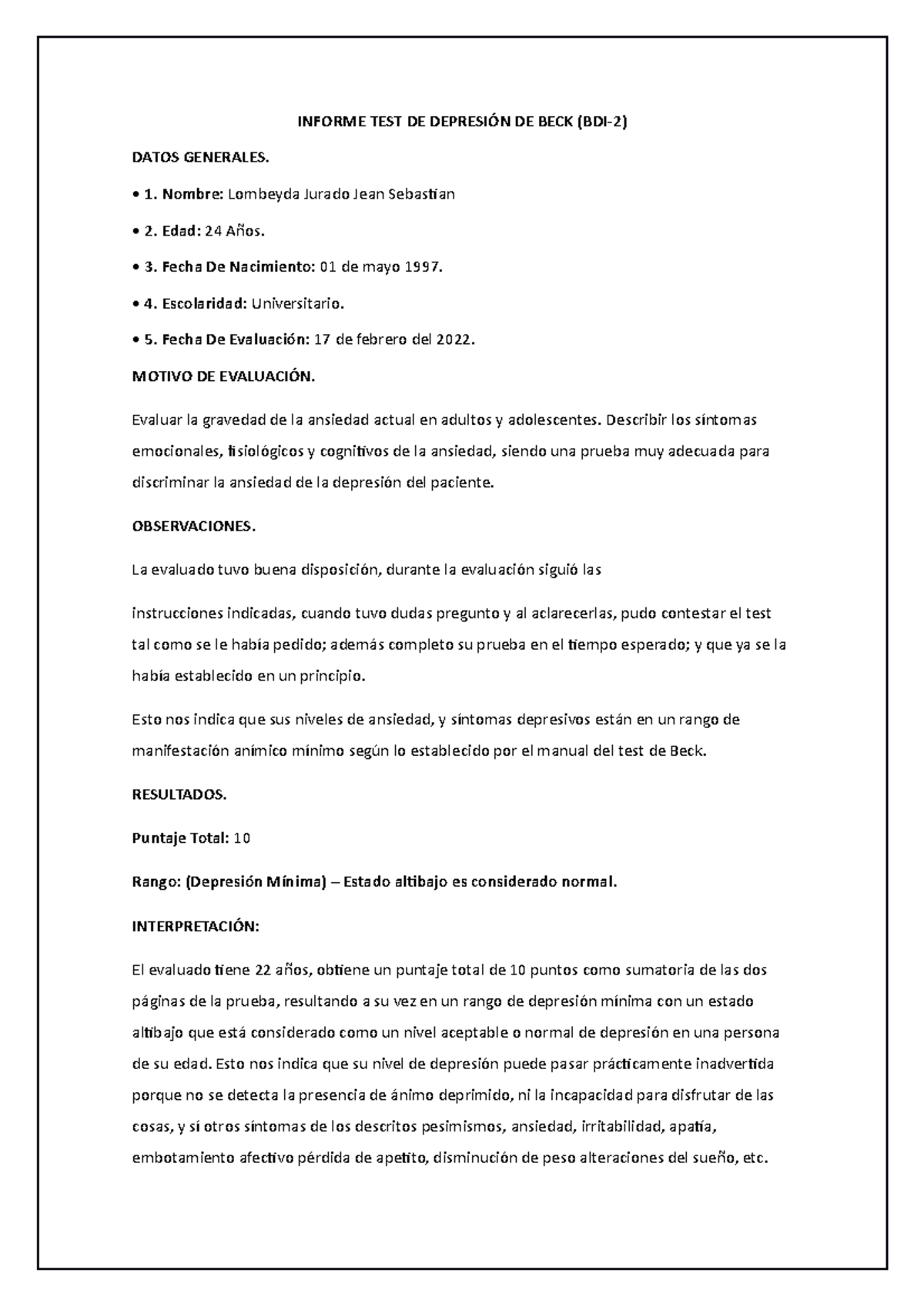 Informe TEST DE Depresión DE BECK - Ejemplo - INFORME TEST DE DEPRESIÓN ...