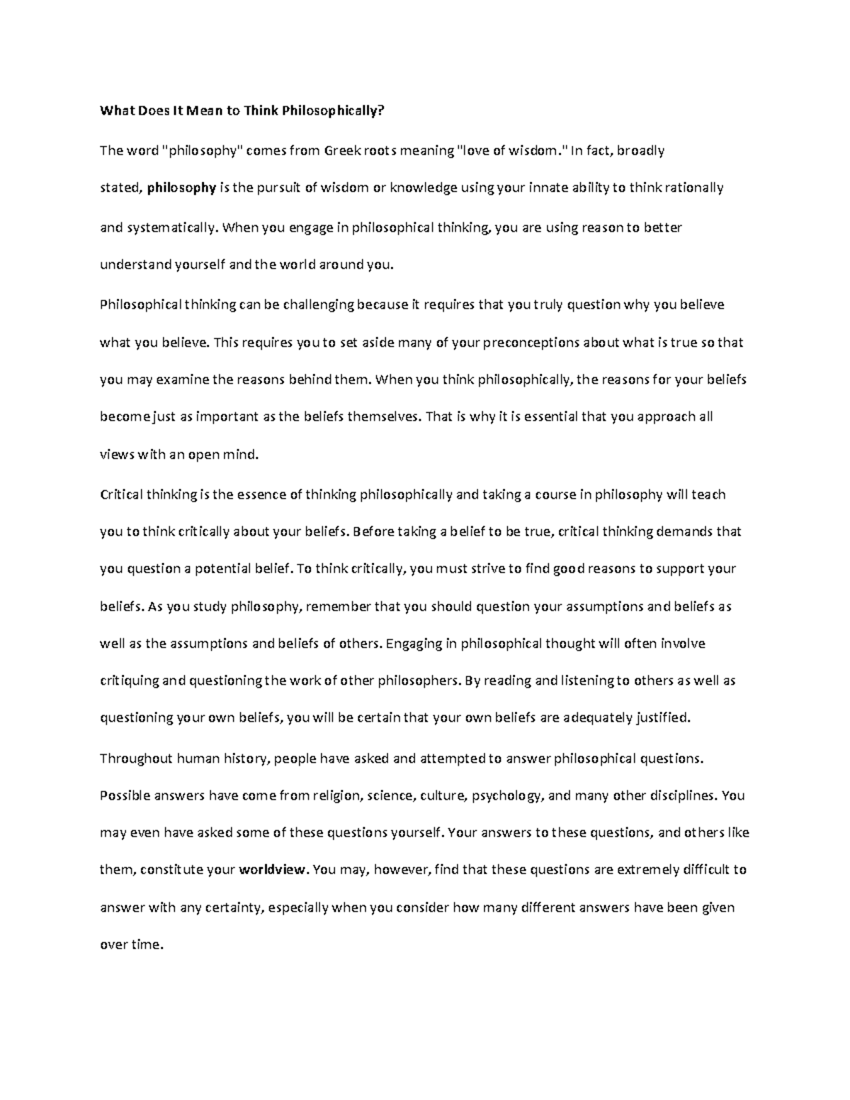 Phi 100 intro to philosopy lecture notes - What Does It Mean to Think ...