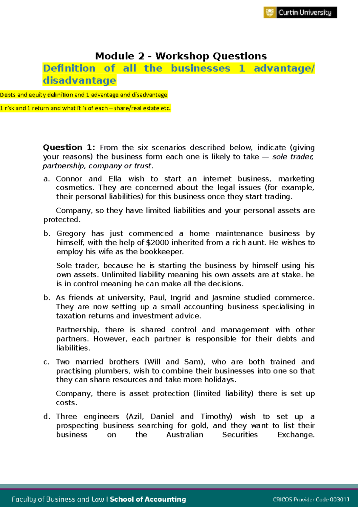 Acct1002 M2 Workshop Questions Module 2 Workshop Questions Definition Of All The Businesses