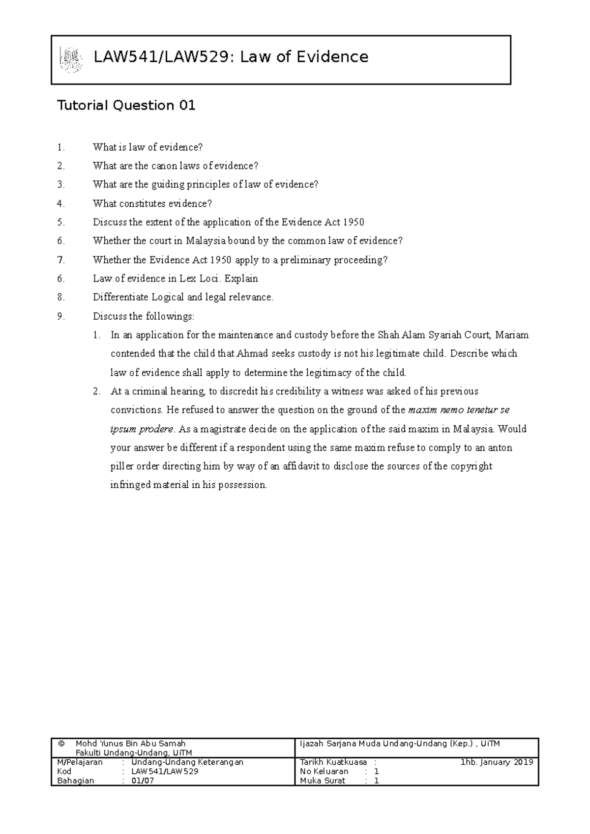 Tutorial Question 01 New - LAW541/LAW529: Law of Evidence Tutorial ...
