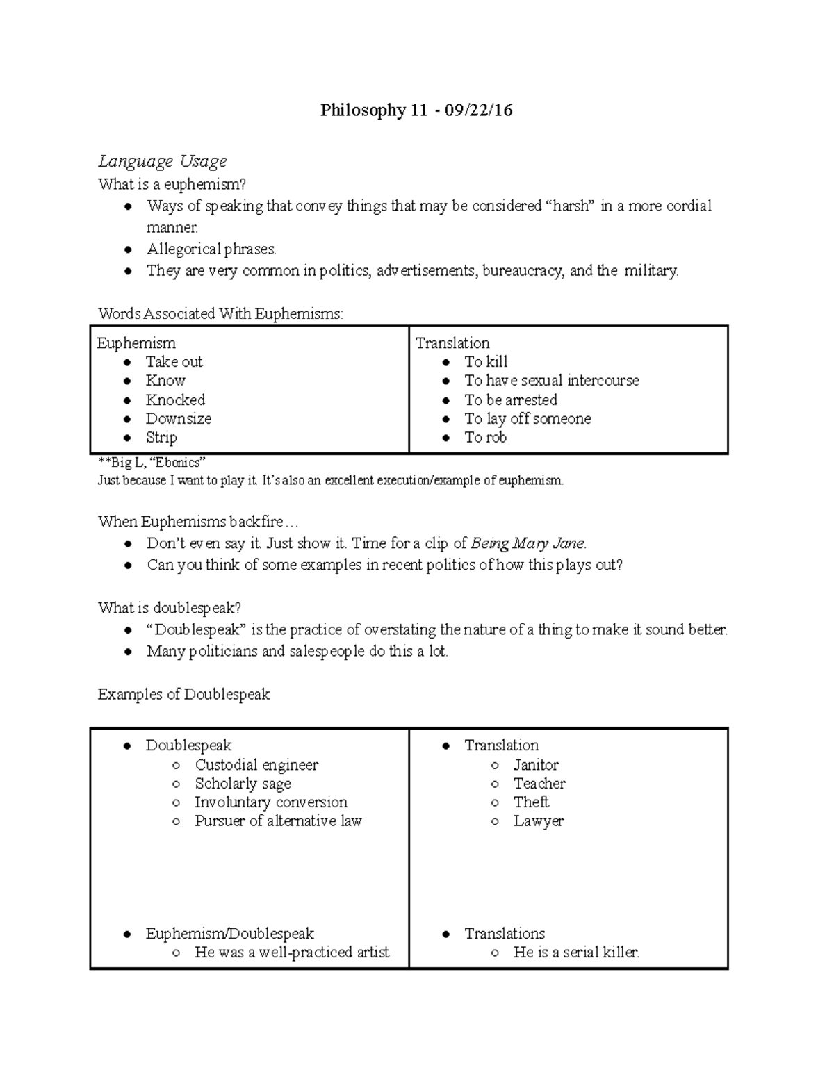 Philsophy Notes 9-22-16 - Philosophy 11 - 09/22/16 Language Usage What ...
