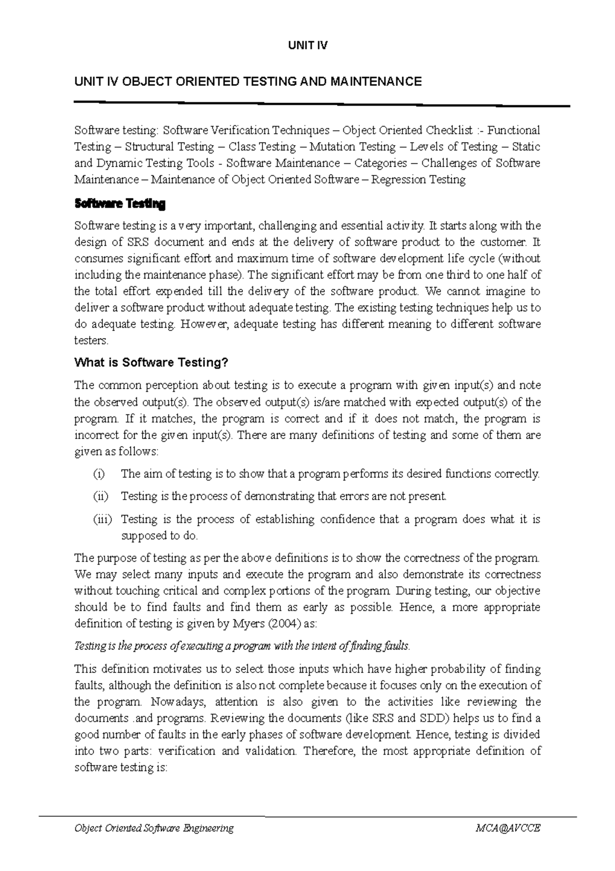 Unit IV - UNIT IV OBJECT ORIENTED TESTING AND MAINTENANCE Software ...