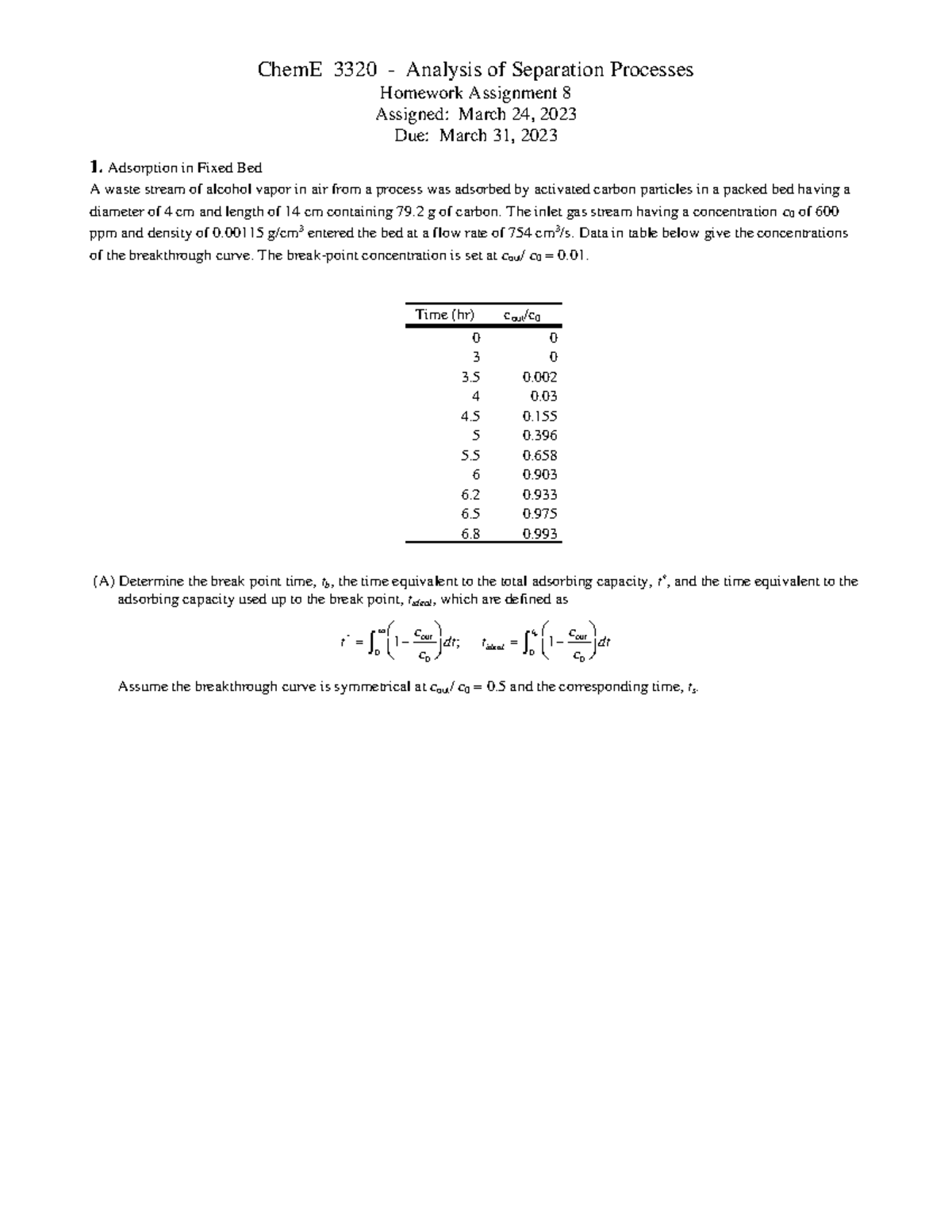 Hmwk 8 - practice material - ChemE 3320 - Analysis of Separation Processes Homework Assignment 8 ...