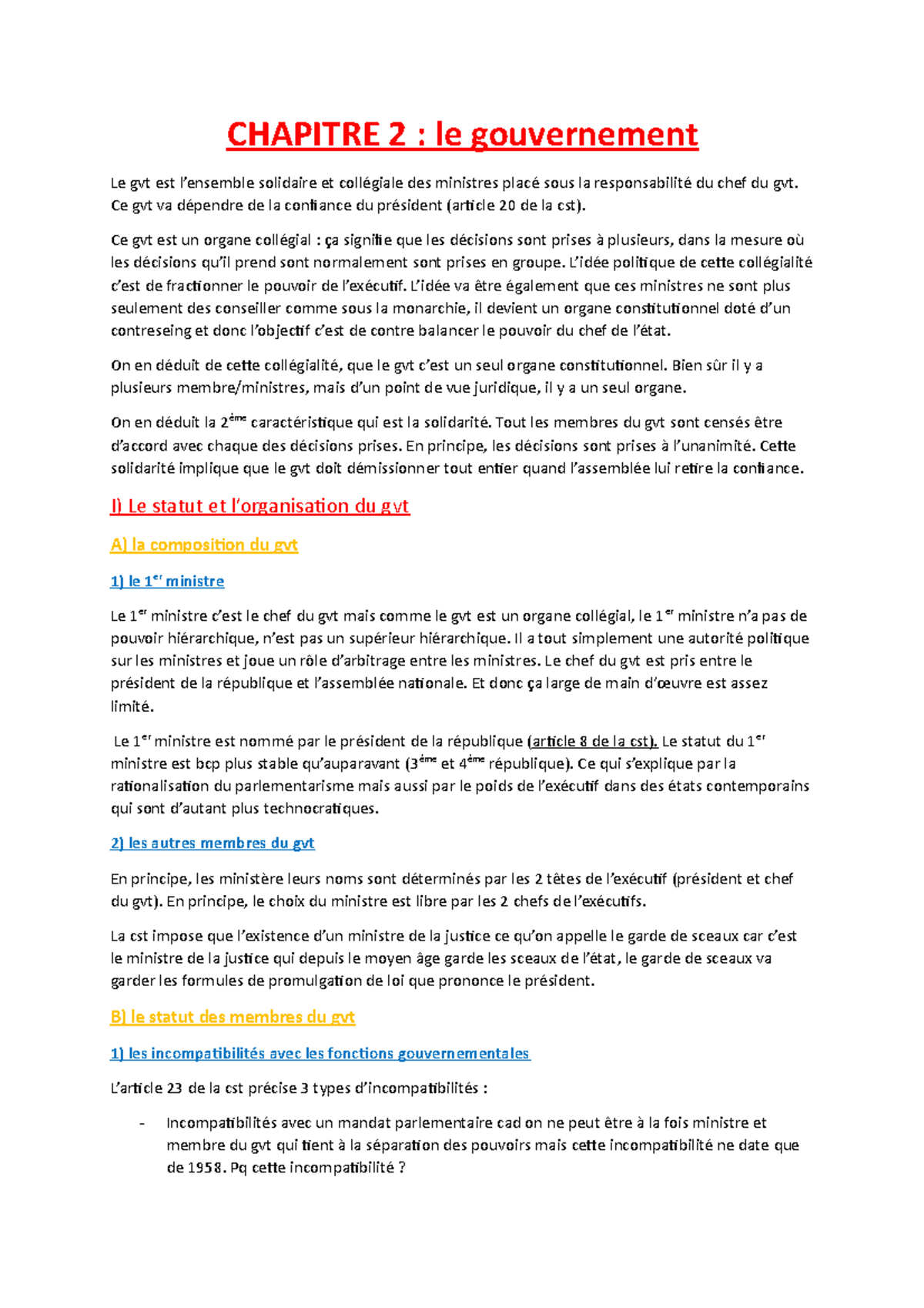 Chapitre 2 - cours première année - CHAPITRE 2 : le gouvernement Le gvt ...