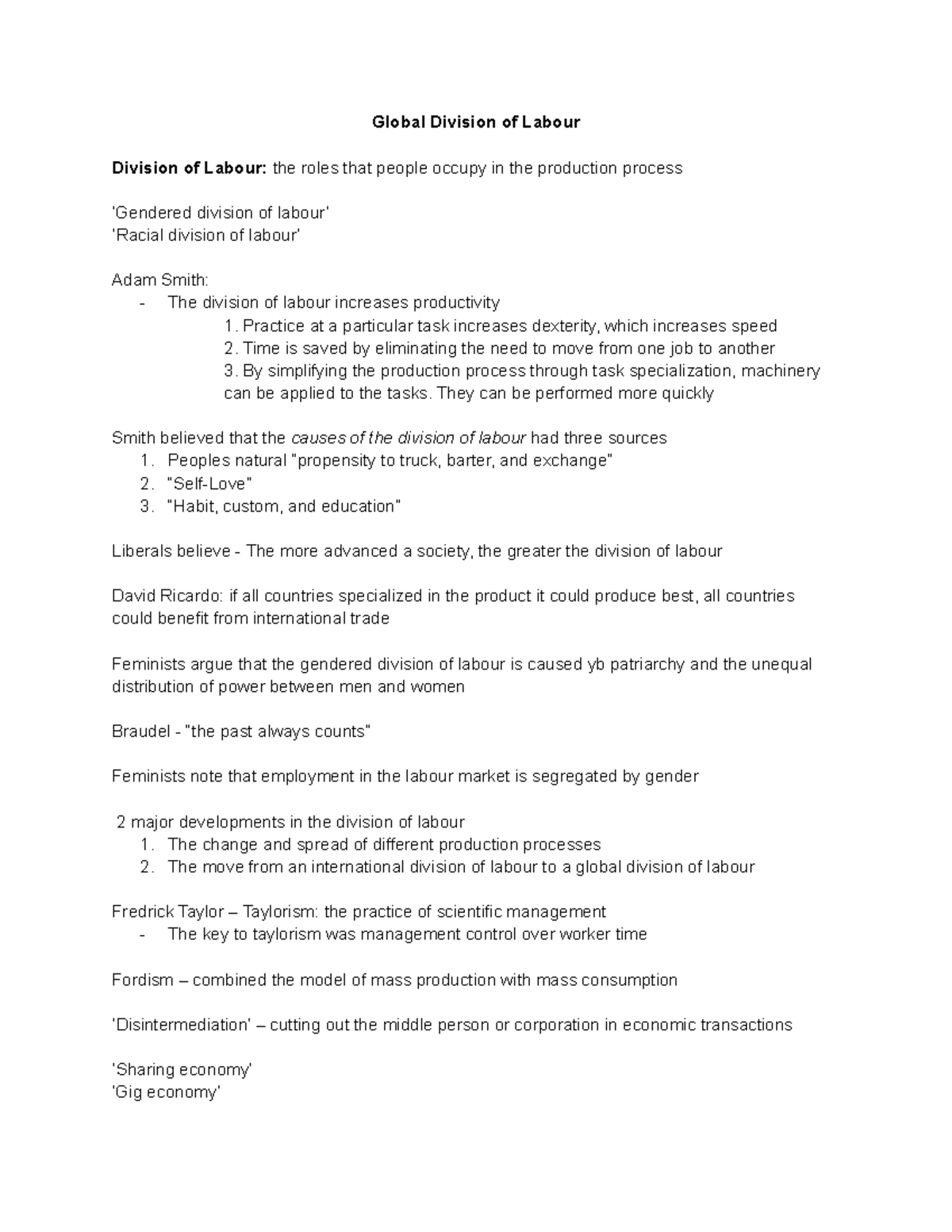 Global Division of Labour - Notes - Global Division of Labour Division ...